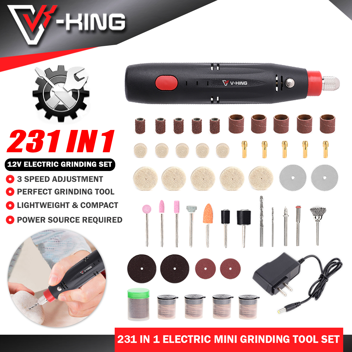 V-KING Professional Mini Electric Grinding Drill Set 12V DC Grinder ...
