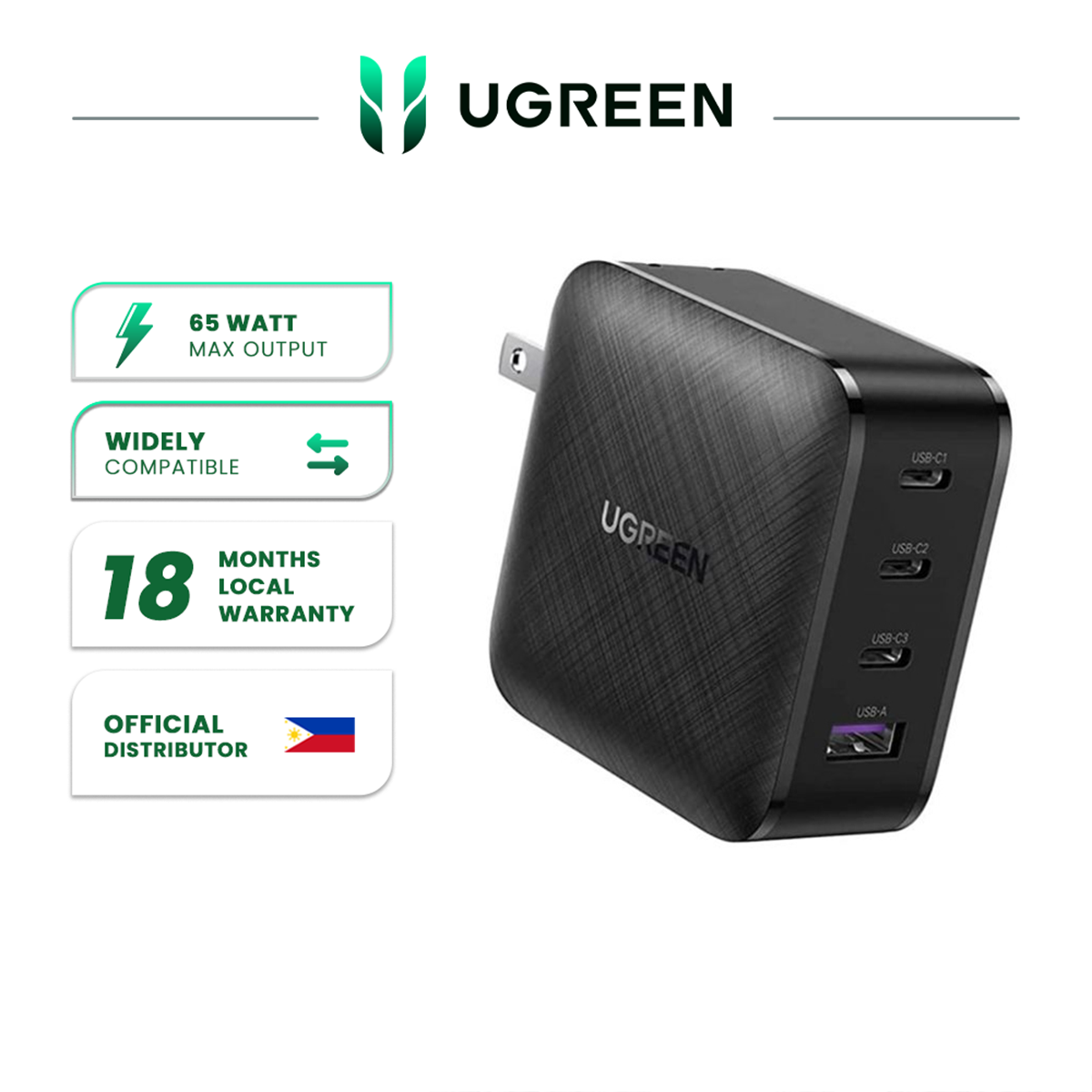 UGREEN 65W 4 Port 3C1A PD GaN Fast Charging Charger 3 USB-C (Type-C ...