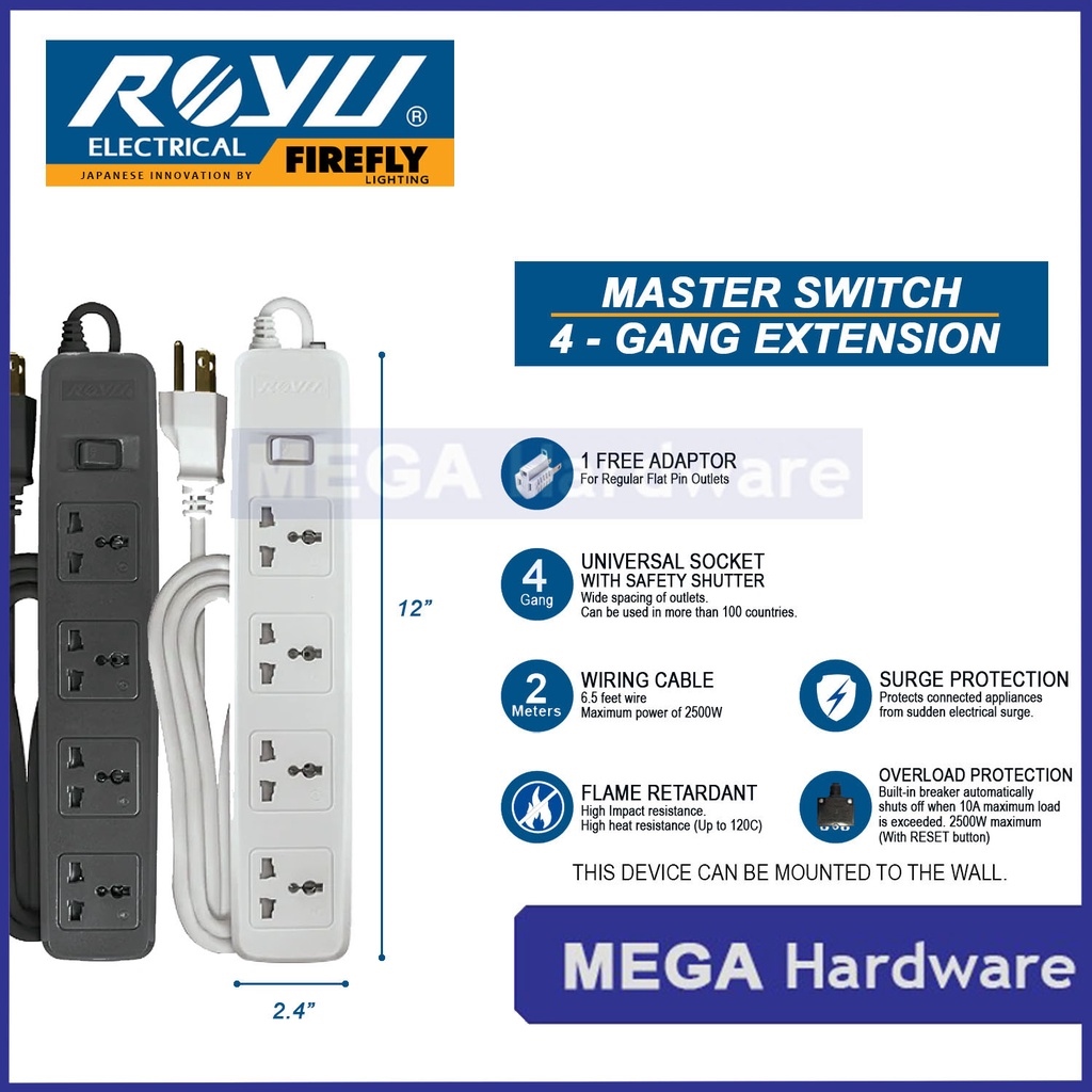 ROYU Extension Cord with Main Switch (with USB and USB Cable)(2 gang 4 ...