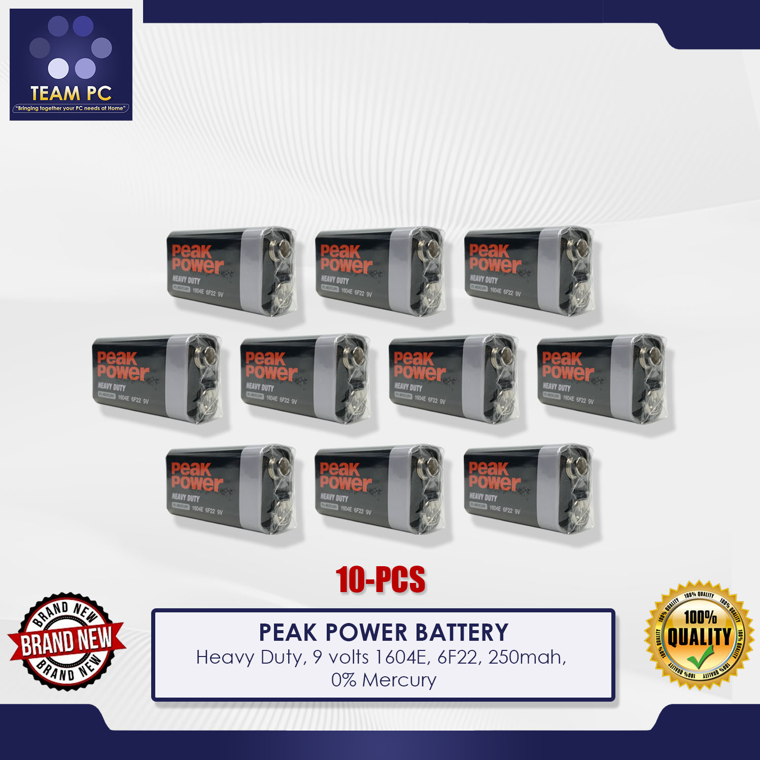 Peak power Battery, Heavy Duty, 9 volts 1604E, 6F22, 250mah, 0% Mercury ...