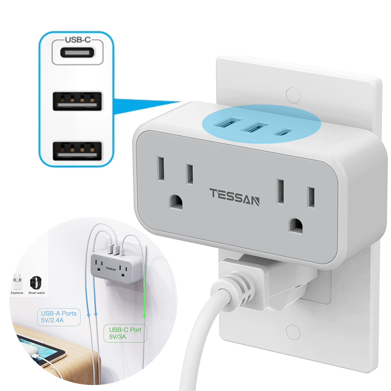 Type C Charger USB C Adapter Multi Plug Outlet with USB C Charger ...