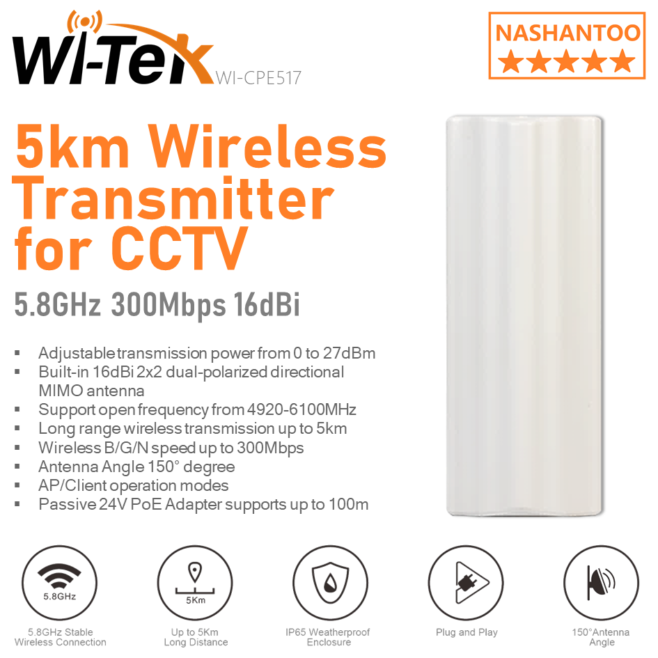 Wi-Tek WI-CPE517 5km Wireless Long-Range Transmit for CCTV IP Camera, Outdoor Design, Up to ...