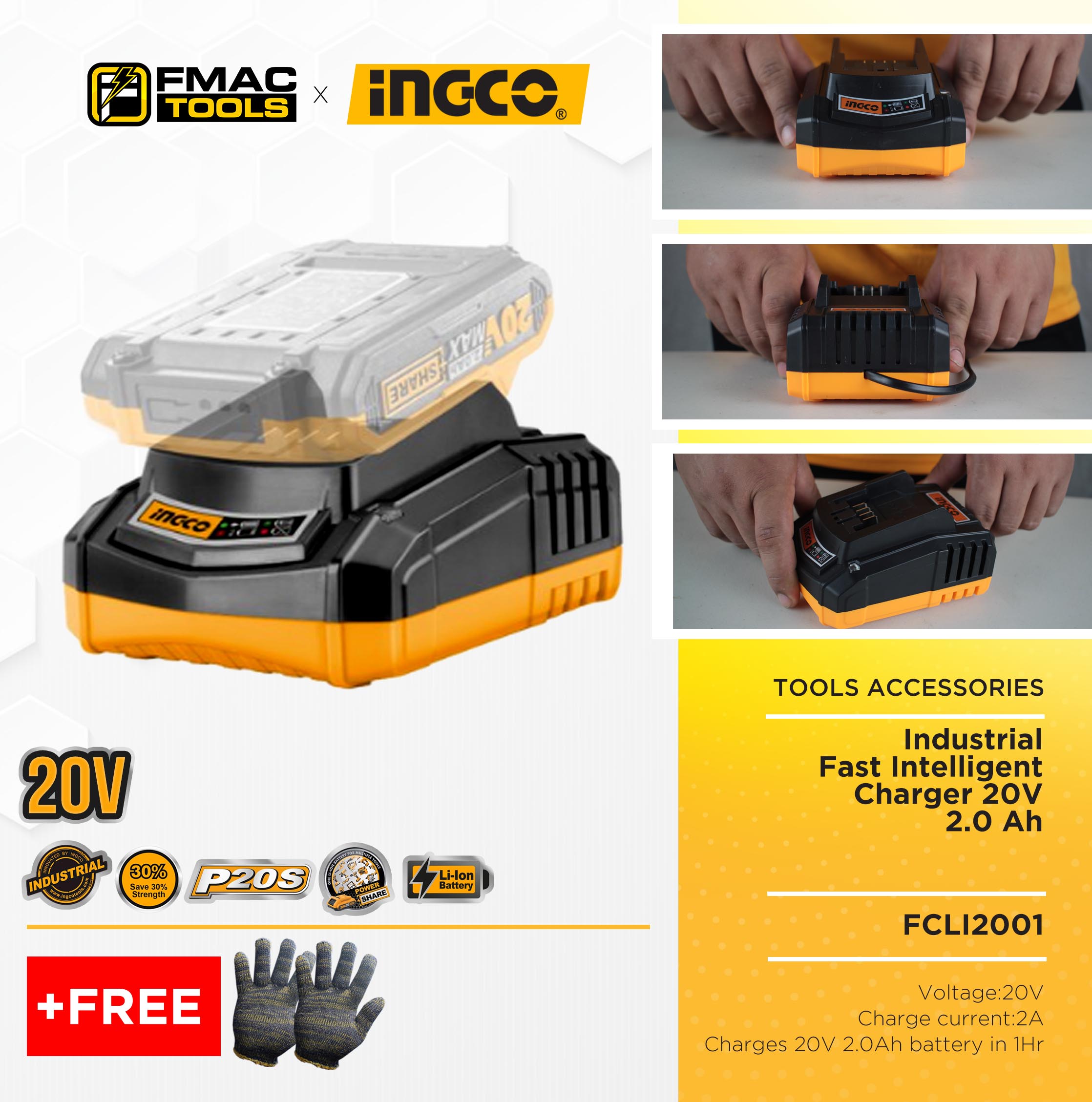 INGCO Industrial Fast Intelligent Charger 20V 2.0 Ah FCLI2001 ...