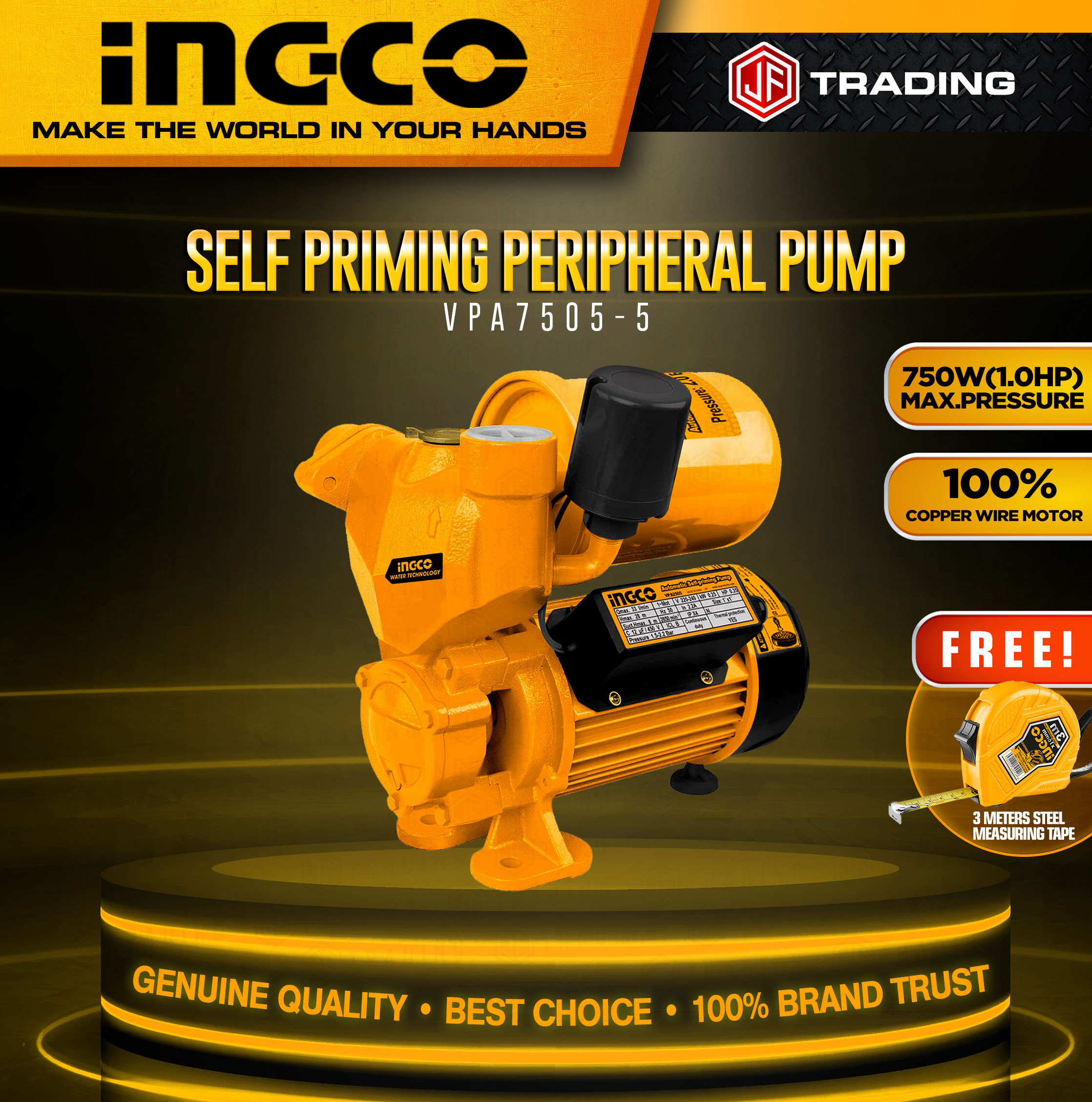 INGCO Self-Priming Peripheral Pump VPA7505-5 750W (WITH FREE 3 METERS ...
