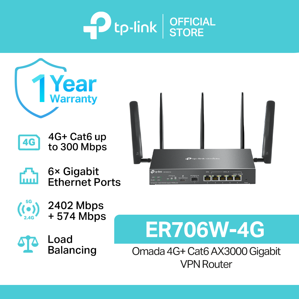 TP-Link ER706W-4G Omada 4G+ Cat6 AX3000 Gigabit VPN Router | WiFi ...