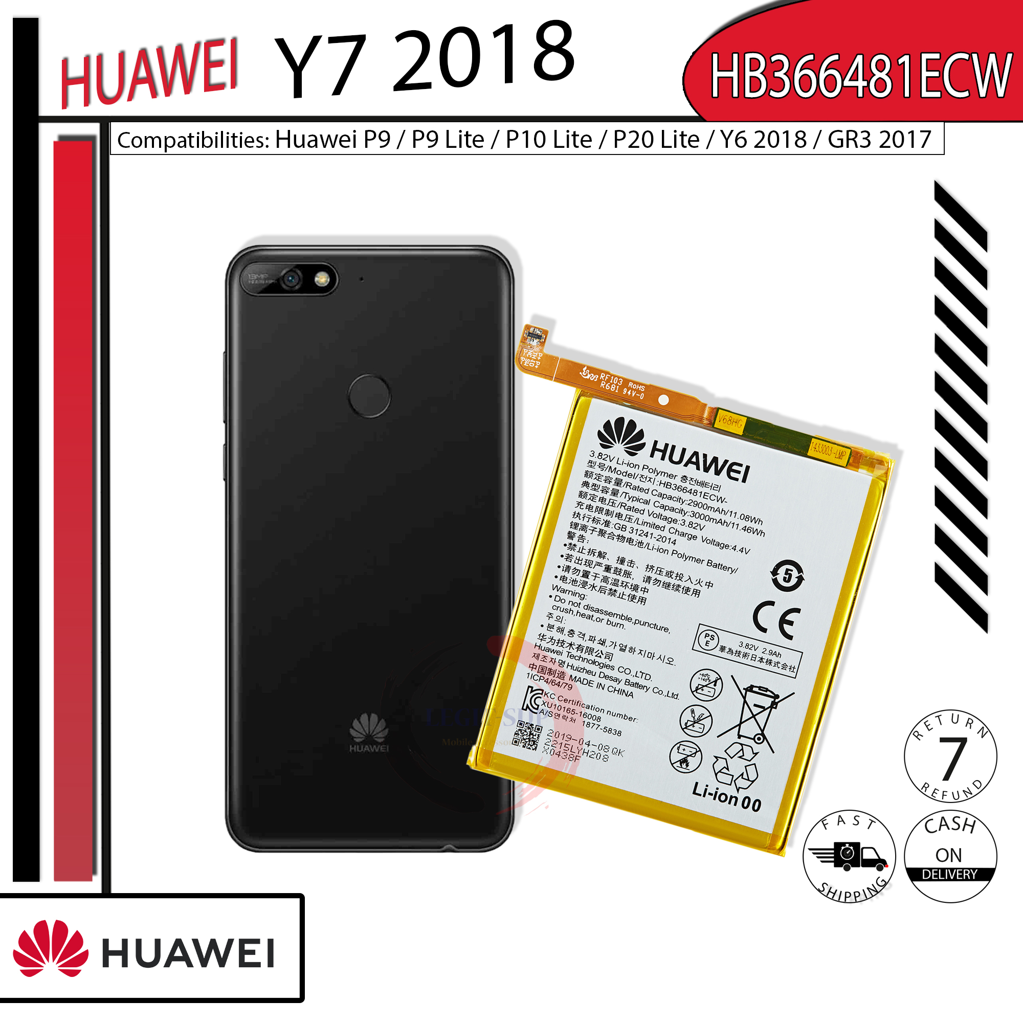 Huawei Y7 2018 Battery Model: HB366481ECW (3000mAh) Original Equipment ...