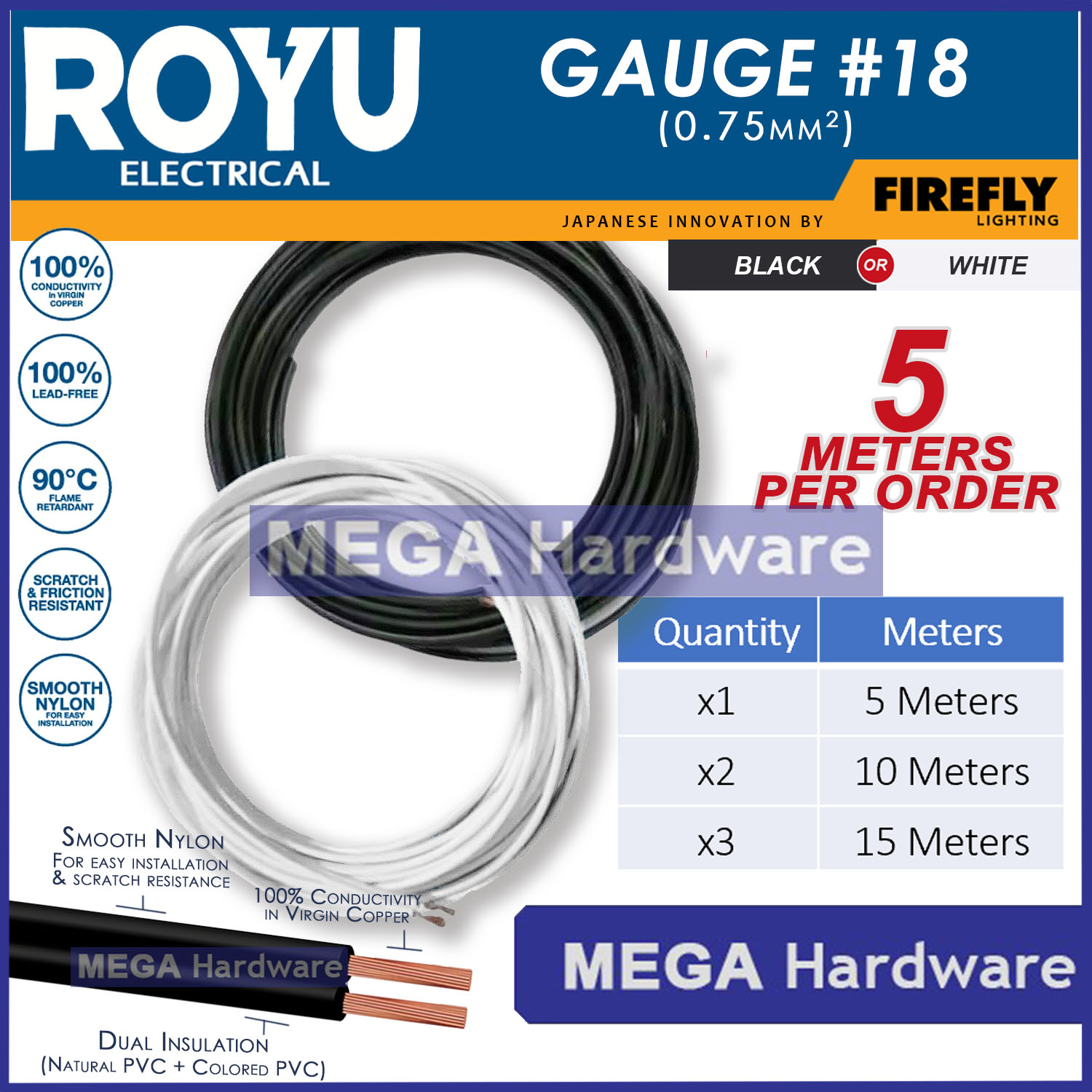 ROYU Flat Cord #18/2 (0.75mm²) #16/2 (1.25mm²) #14/2 (2.00mm²) (by 5 ...