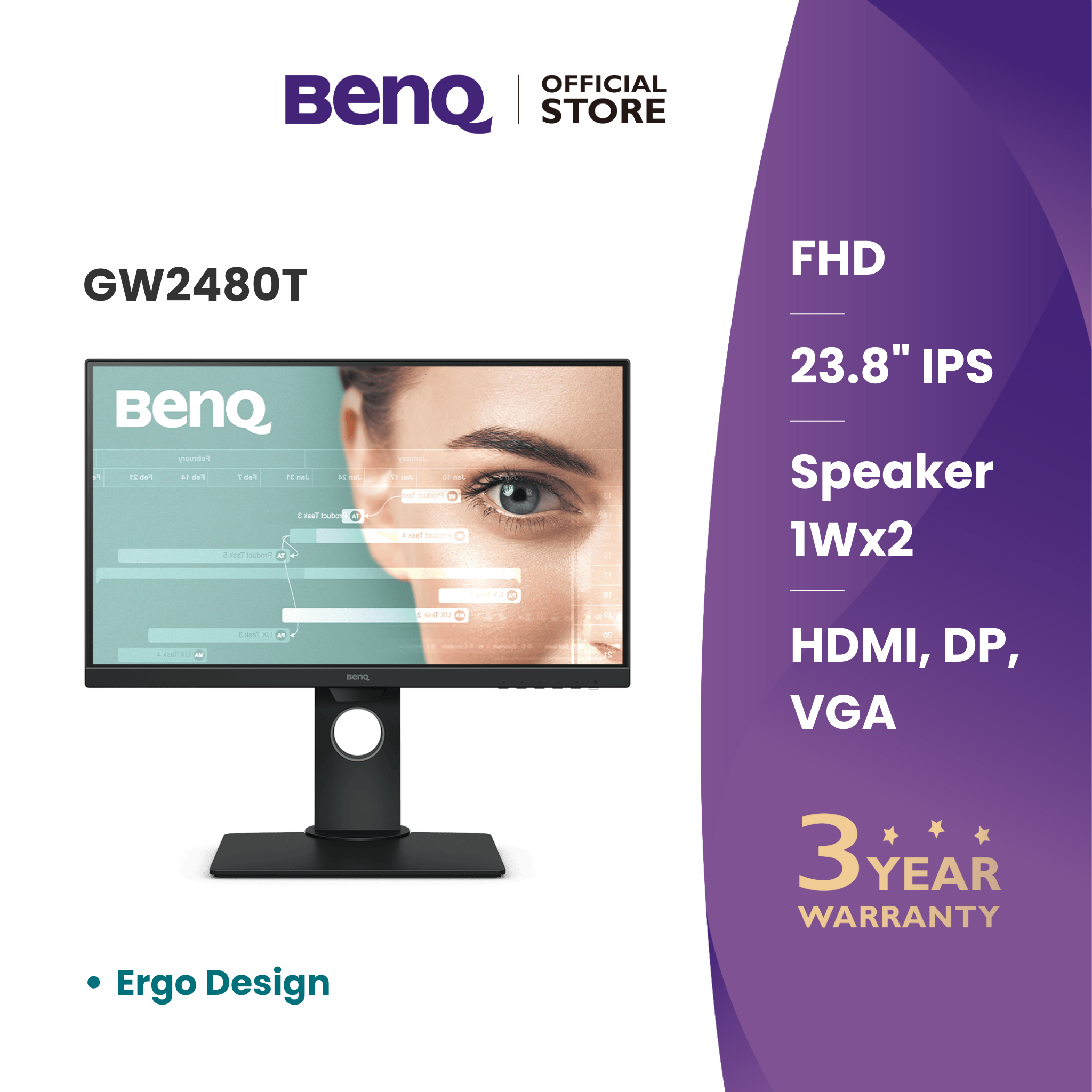 BenQ GW2480T 1920x1080 23.8" 60Hz 5ms Height Adjustable IPS Eye-Care ...