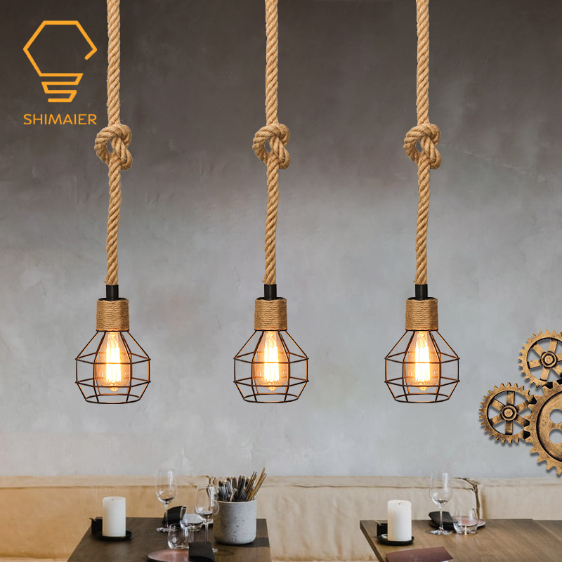 Pendant Light Retro Industrial Hemp Rope Drop Light American Farmhouse Hanging Light Personality ...