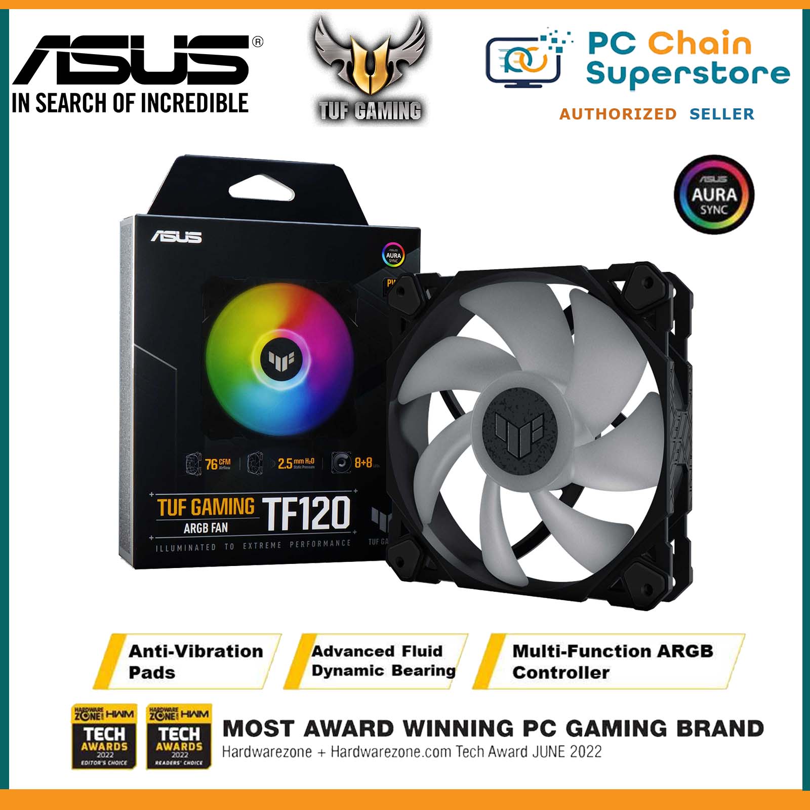 ASUS TUF Gaming TF120 ARGB Single Pack / Triple Kit 120mm Case Fan ...