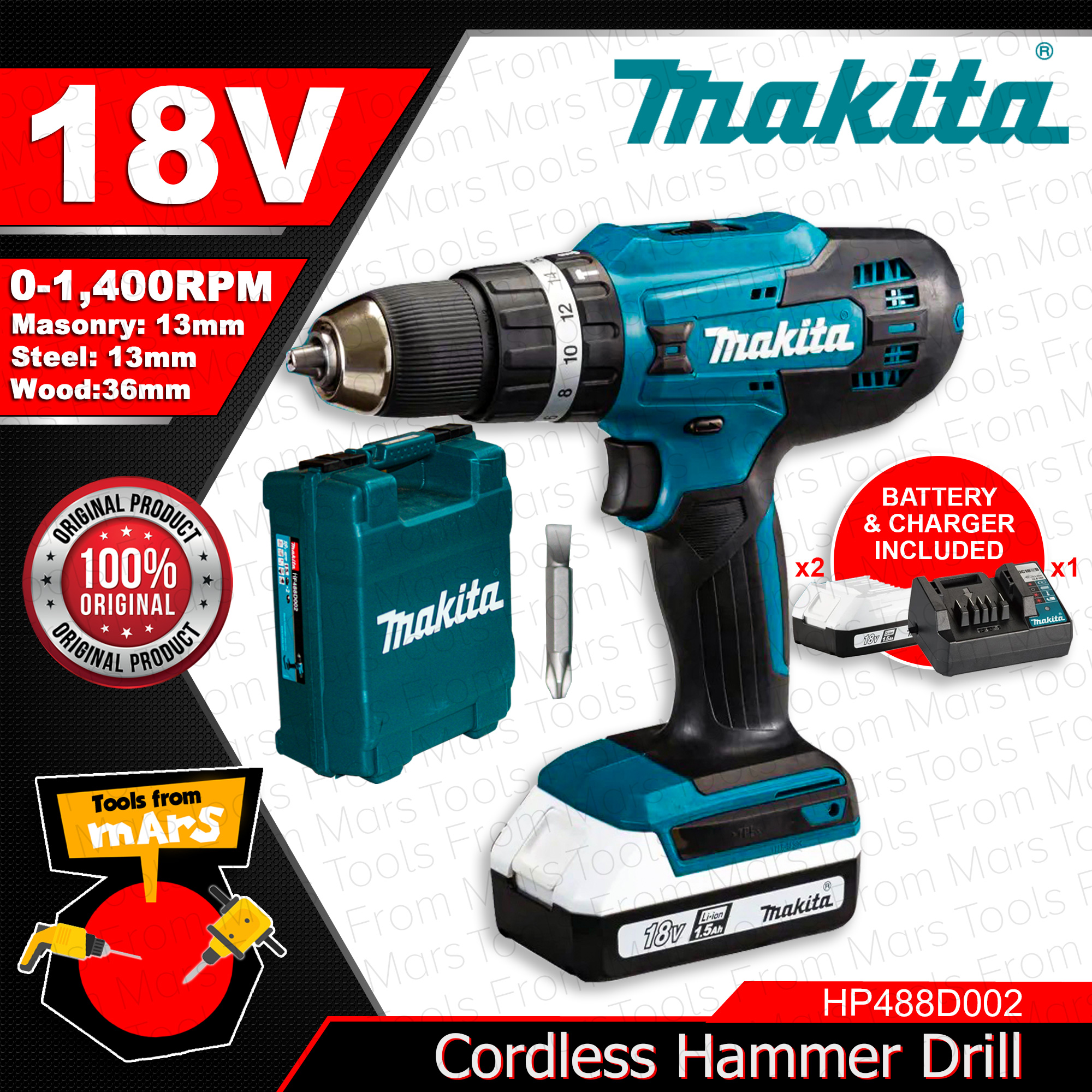 MAKITA Lithium-Ion Li-Ion Cordless Hammer Drill 13mm With 18V 1.5Ah G-Battery & Charger G-Series ...