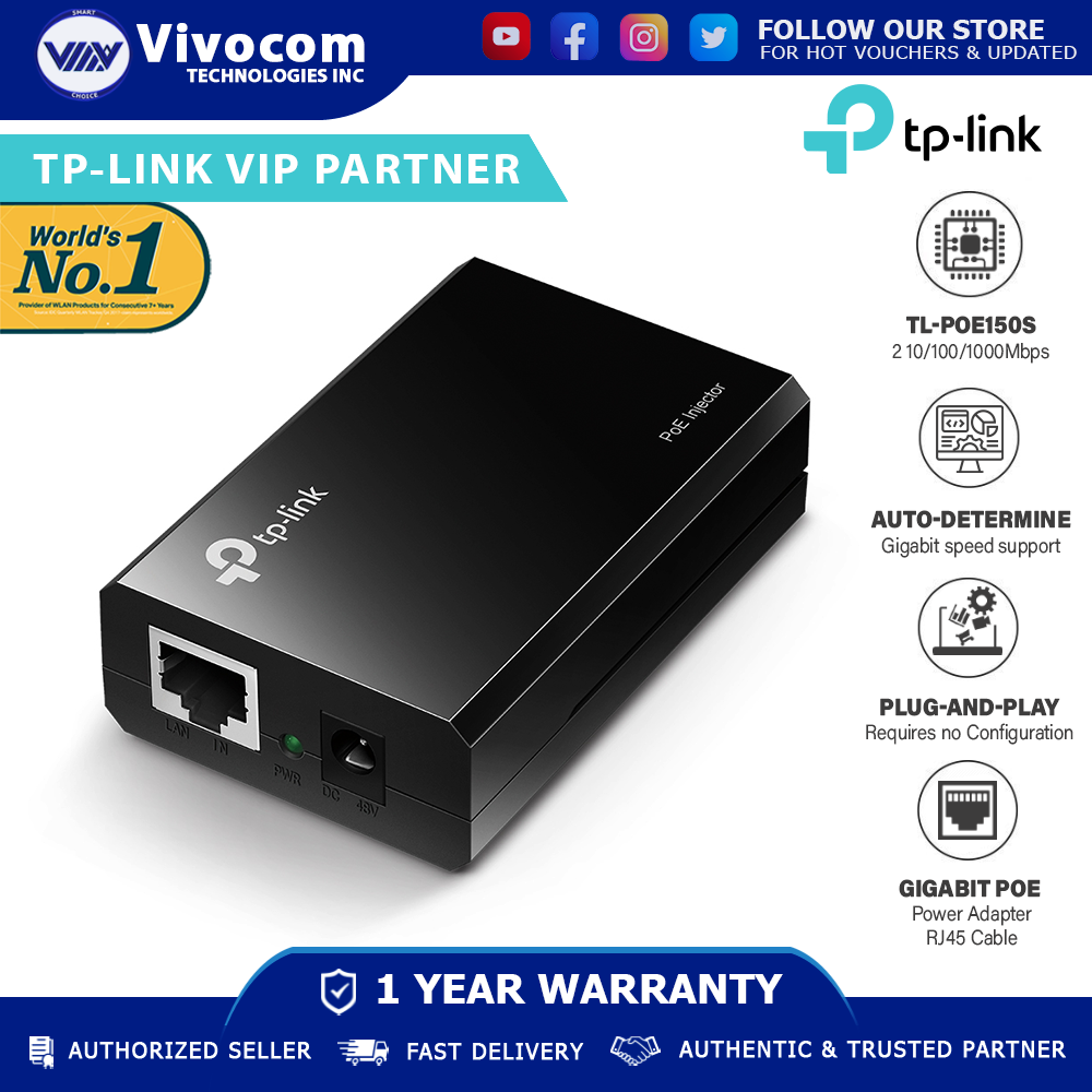 TP-Link TL-POE150S PoE Injector Adapter Gigabit Ethernet up to 100 ...