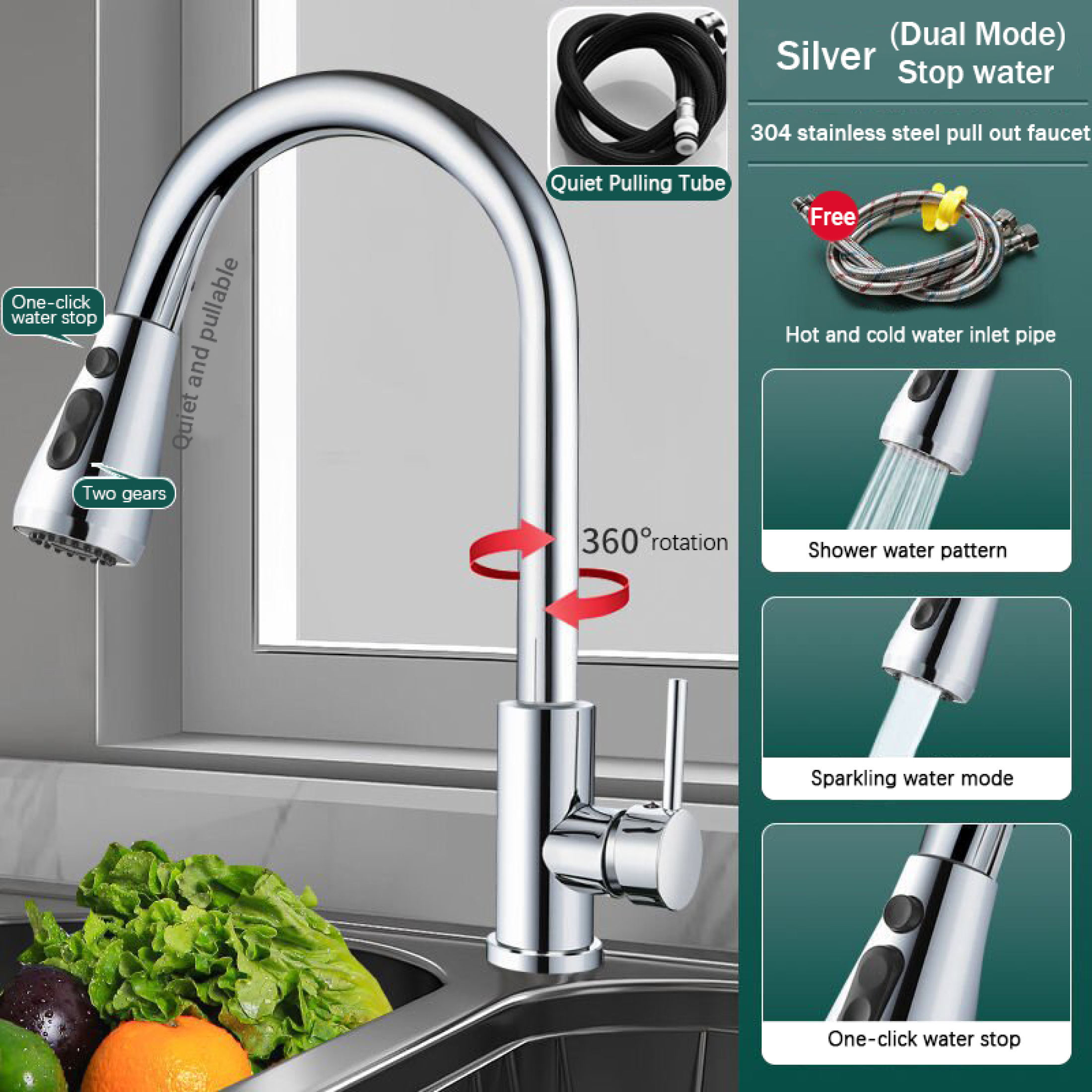 304 Stainless steel faucet, retractable water tap rotating pull-out hot ...