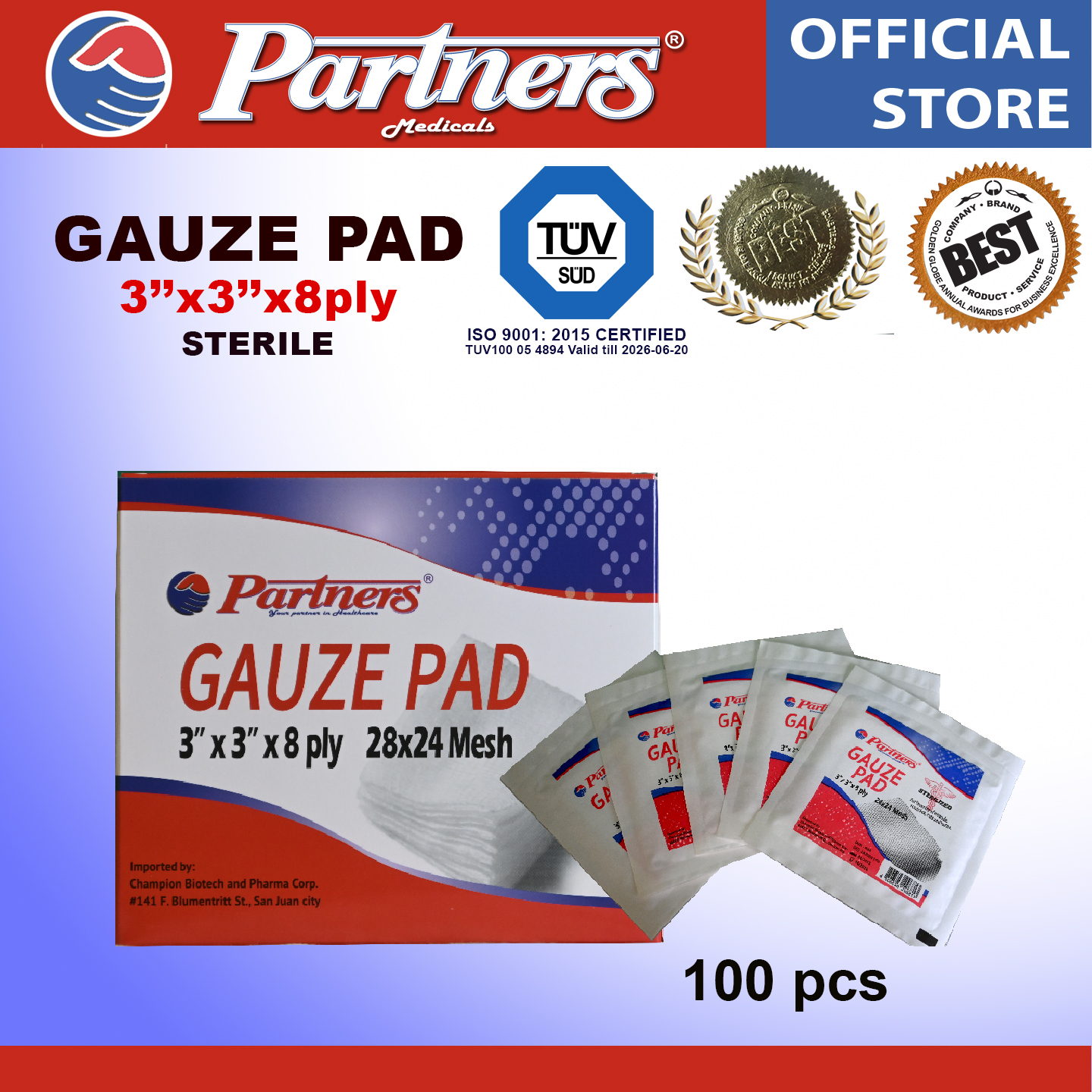 PARTNERS GAUZE PAD 3 x 3 x 8 PLY STERILE (100pcs) | Lazada PH