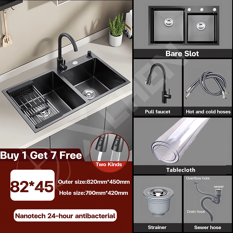Free Deluxe five-piece suit】304 Black Sink Stainless for Kitchen double ...