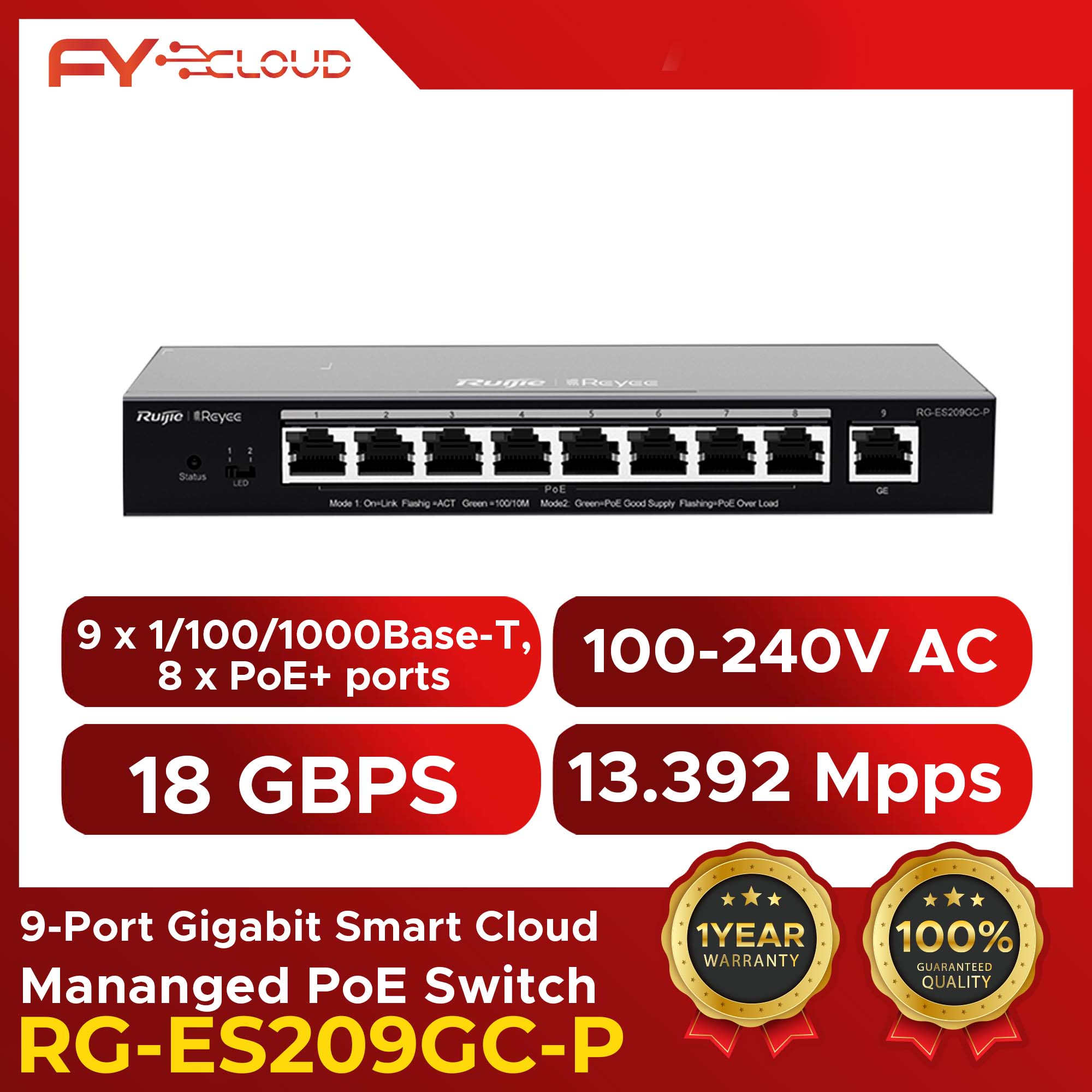 Reyee RG-ES209GC-P | 9-Port Gigabit Smart Cloud Mananged PoE Switch | 9 ...