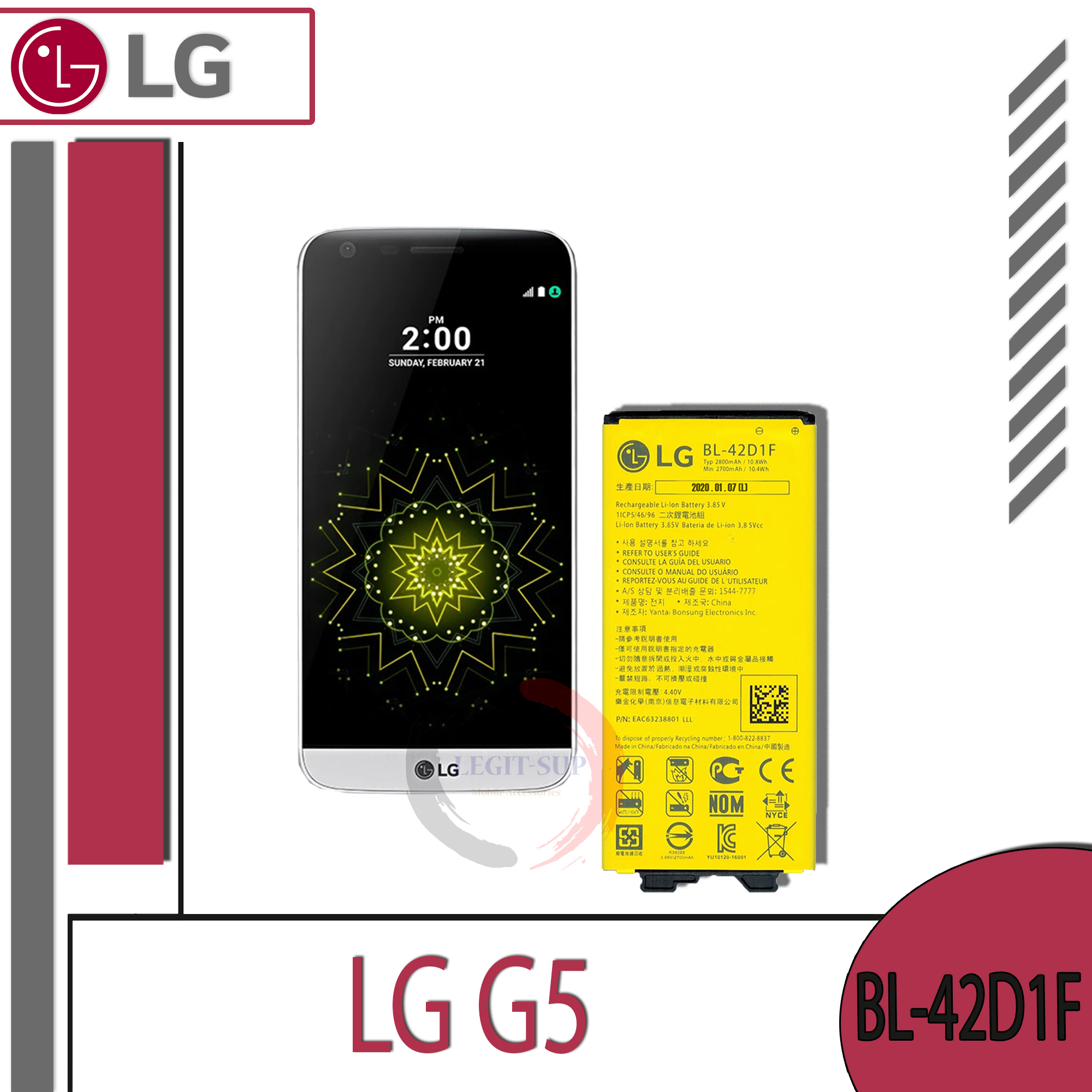 Battery For Original LG G5 Battery , Model: BL-42D1F, VS987, US992 ...