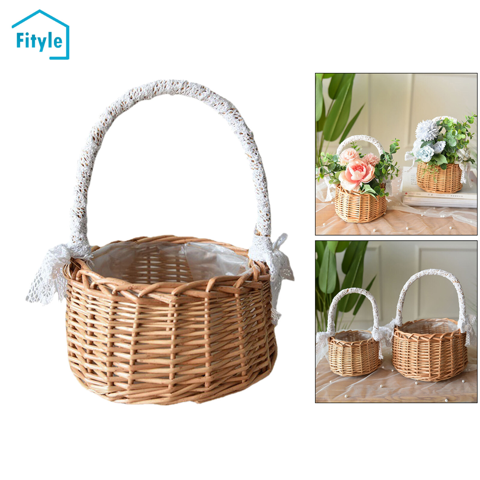 Fityle Natural Rattan Woven Storage Basket with Handles Wedding Flower ...