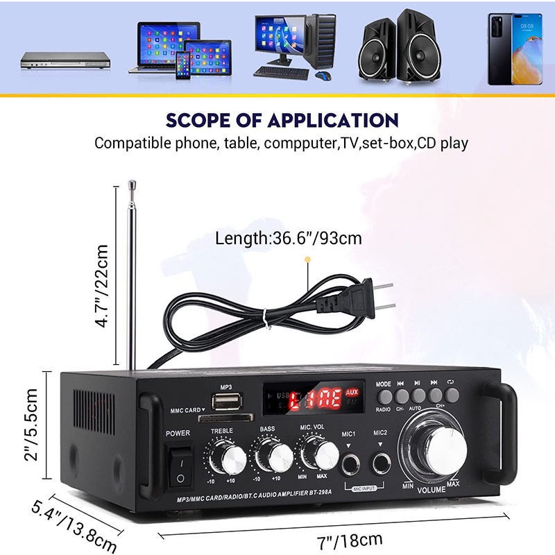 220V 2000W Bluetooth Amplifier for Speakers 2.0 Channel Audio Power D ...