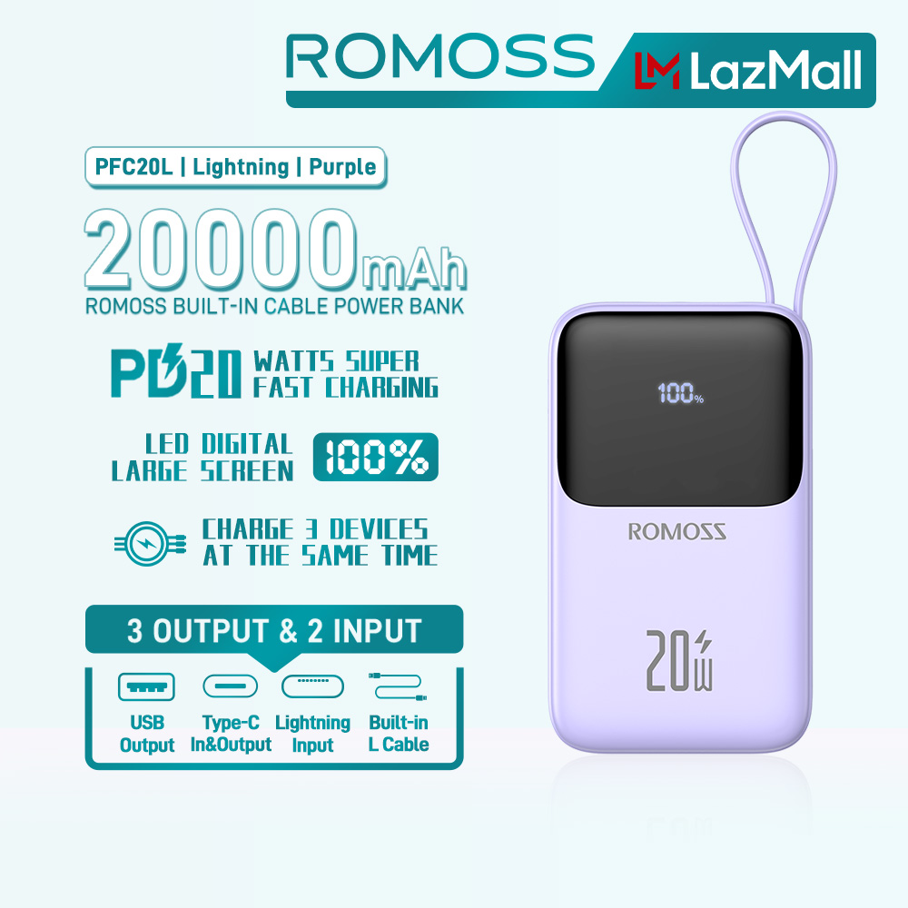 Romoss PFC20 20000mAh Powerbank 22.5W / PD20W Fast Charging with Built-in Cable 3 Output 2 Input ...