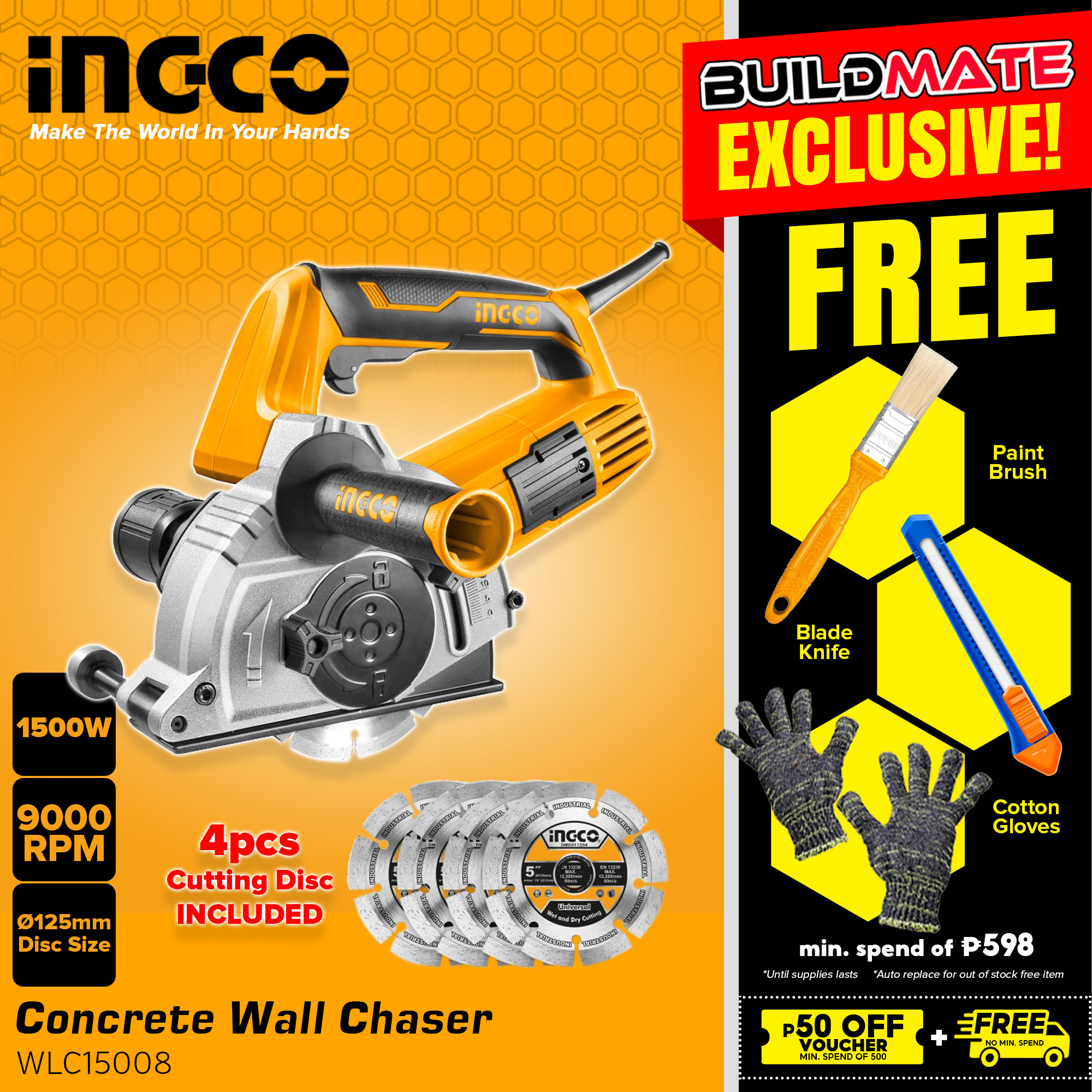 INGCO Concrete Wall Chaser Cutting Saw 125mm 1500W WLC15008 - BUILDMATE ...