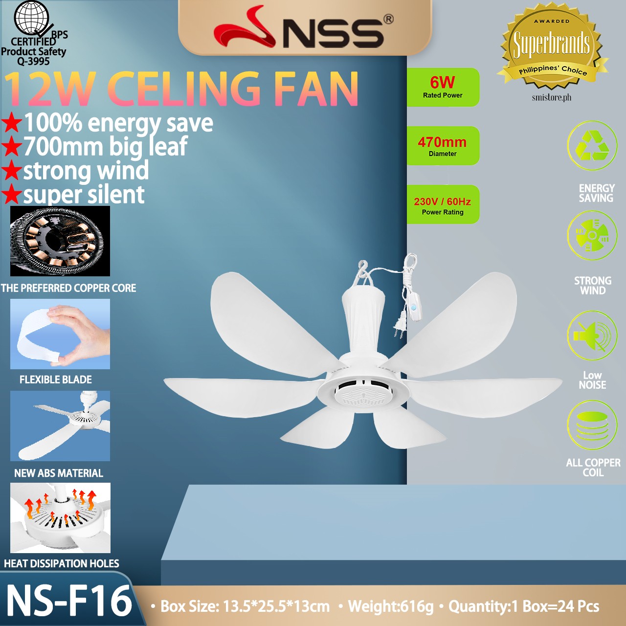 NSS Electric Ceiling Fan 4 Blades 700MM 12W Portable Ceiling fan Wall ...