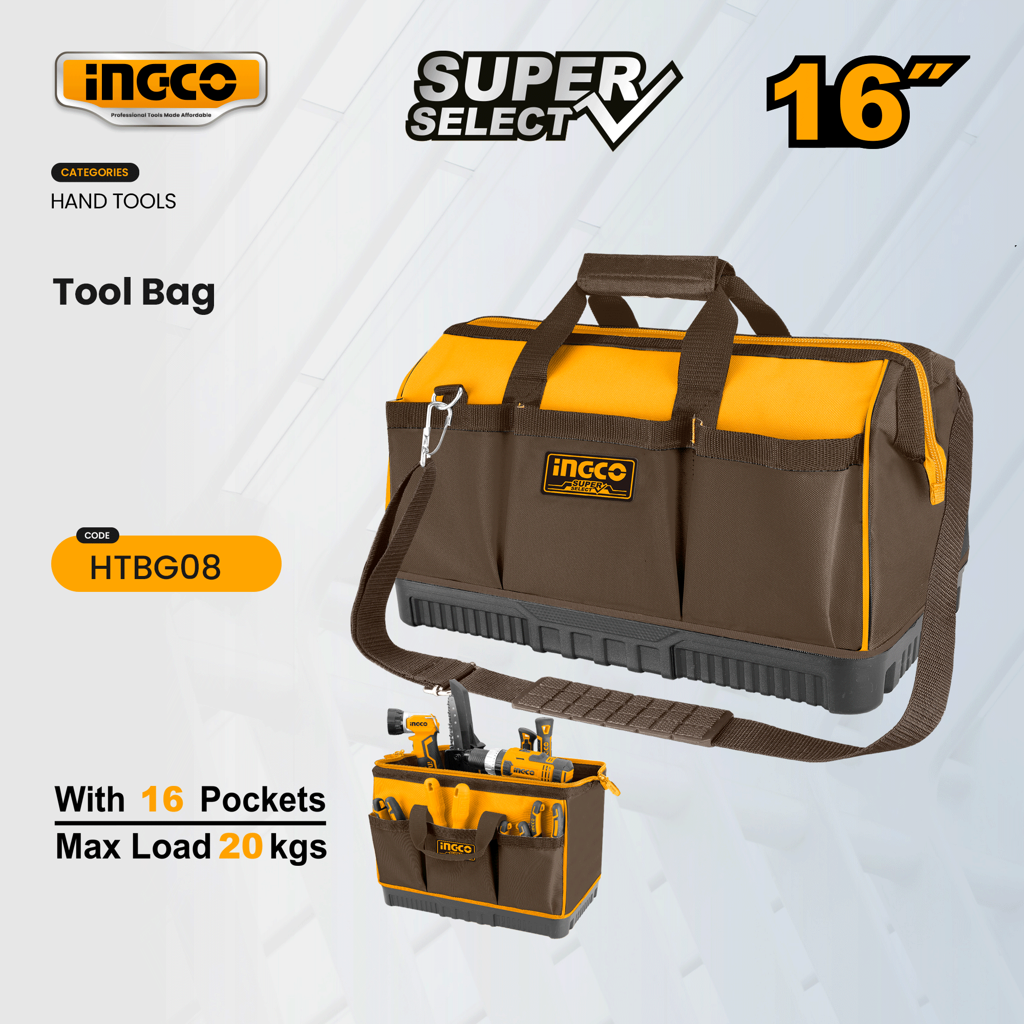 Ingco 16" Inch Tool Bag Storage box with 16 Pockets Organizer HTBG08 ...