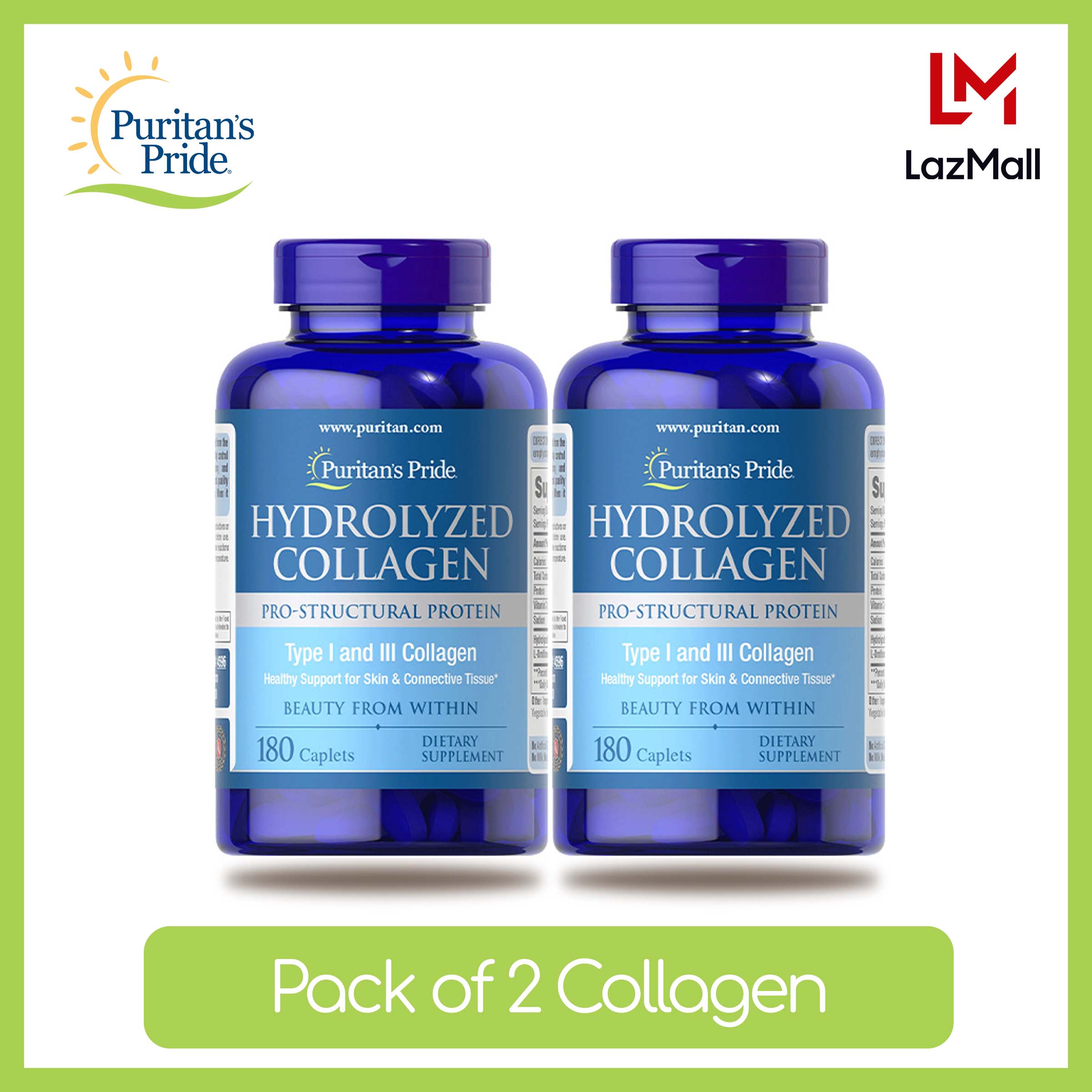 Pack of 2 Puritan's Pride Hydrolyzed Collagen 1000 mg 180 caplets ...