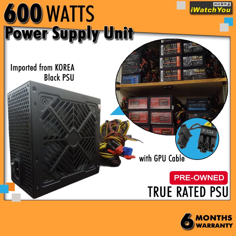 600 watts power supply / TRUE RATED / with 6+2pin GPU cable / Black PSU ...