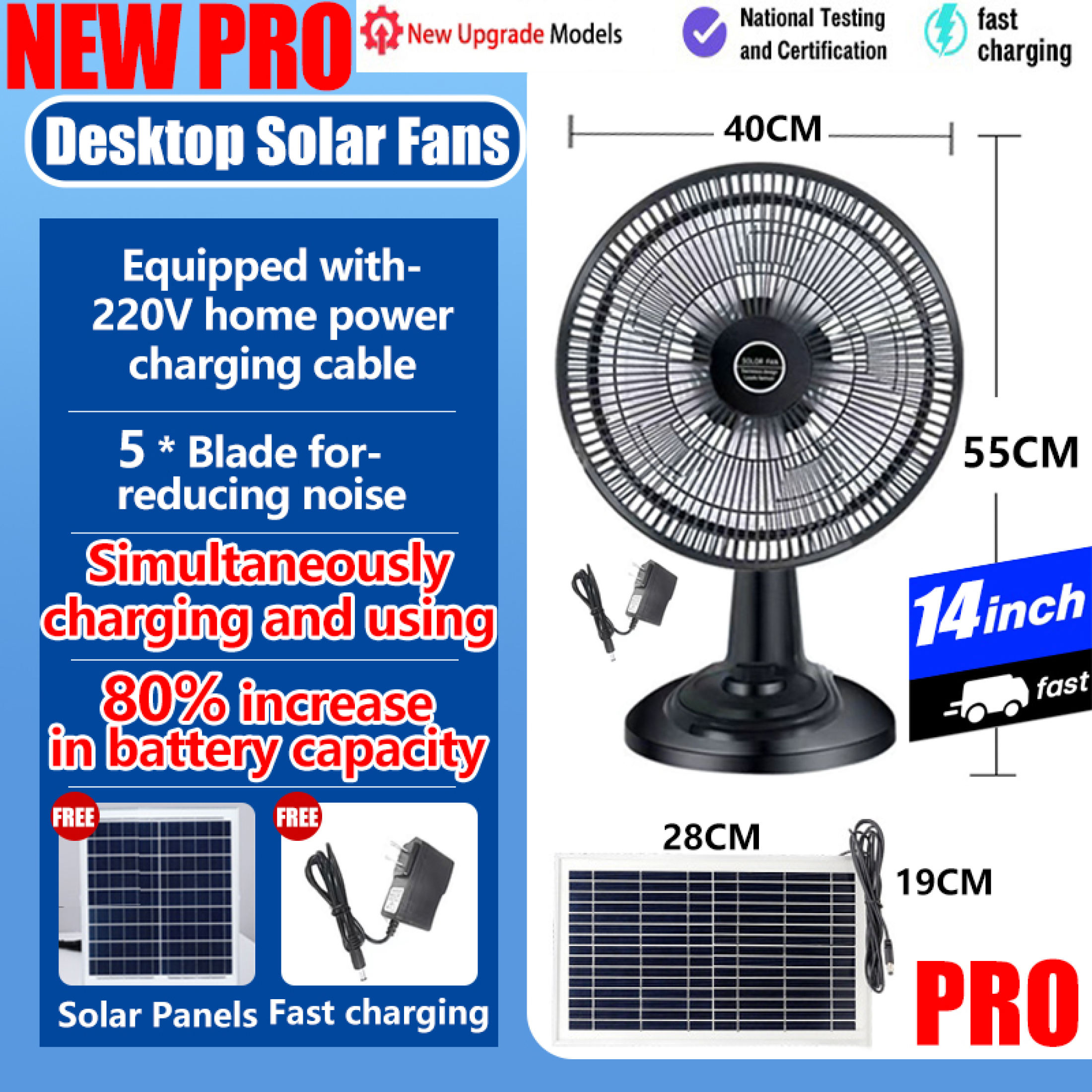 【2024 Pro】 Solar fan Stand or Desk fan wall fan with charger with solar ...