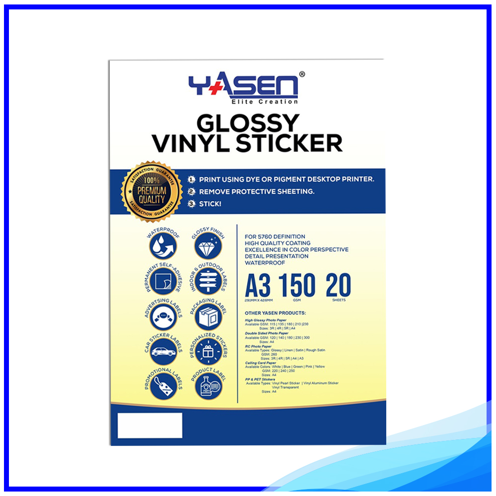 Yasen Printable Vinyl Sticker ( A4 / A3 Size, Glossy, 150gsm, 20 Sheets ...