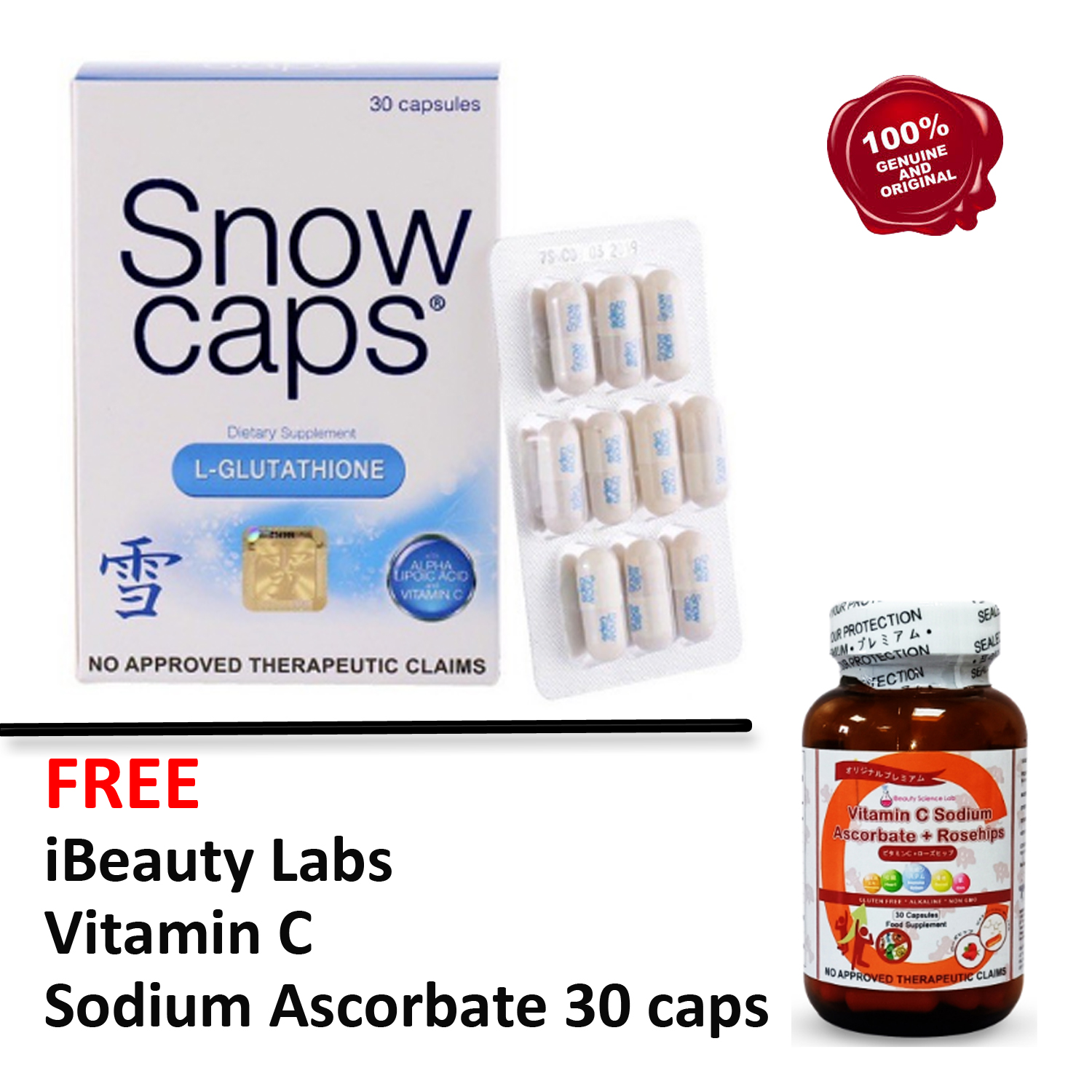 Snow Caps Glutathione with Free iBeauty Labs Vitamin C Ascrobate 30 ...