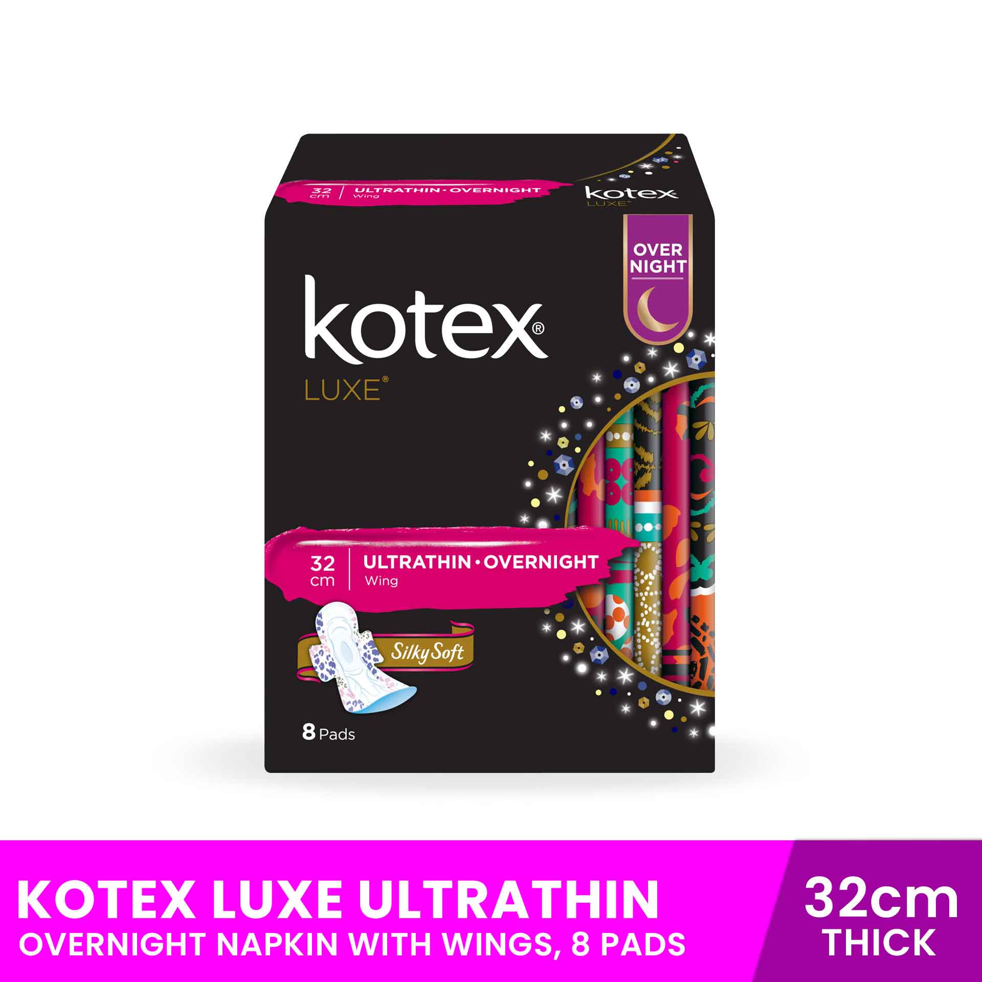 KOTEX Luxe Ultrathin Overnight Napkin with Wings, 32cm Thick, 8 Pads, women's hygiene, personal ...