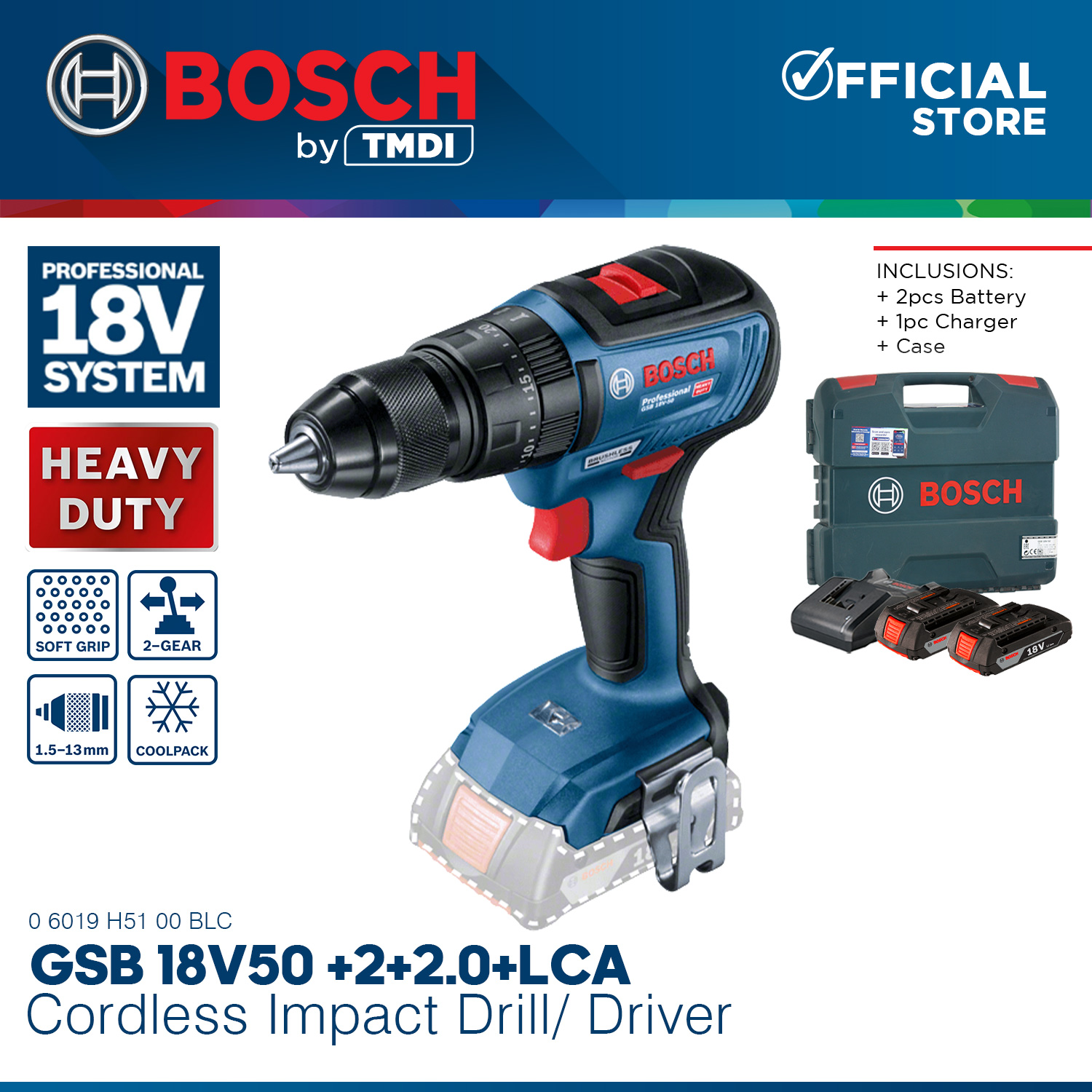 BOSCH Professional Cordless Impact Drill / Driver 18V Li-ion Brushless Construction GSB 18V-50 ...