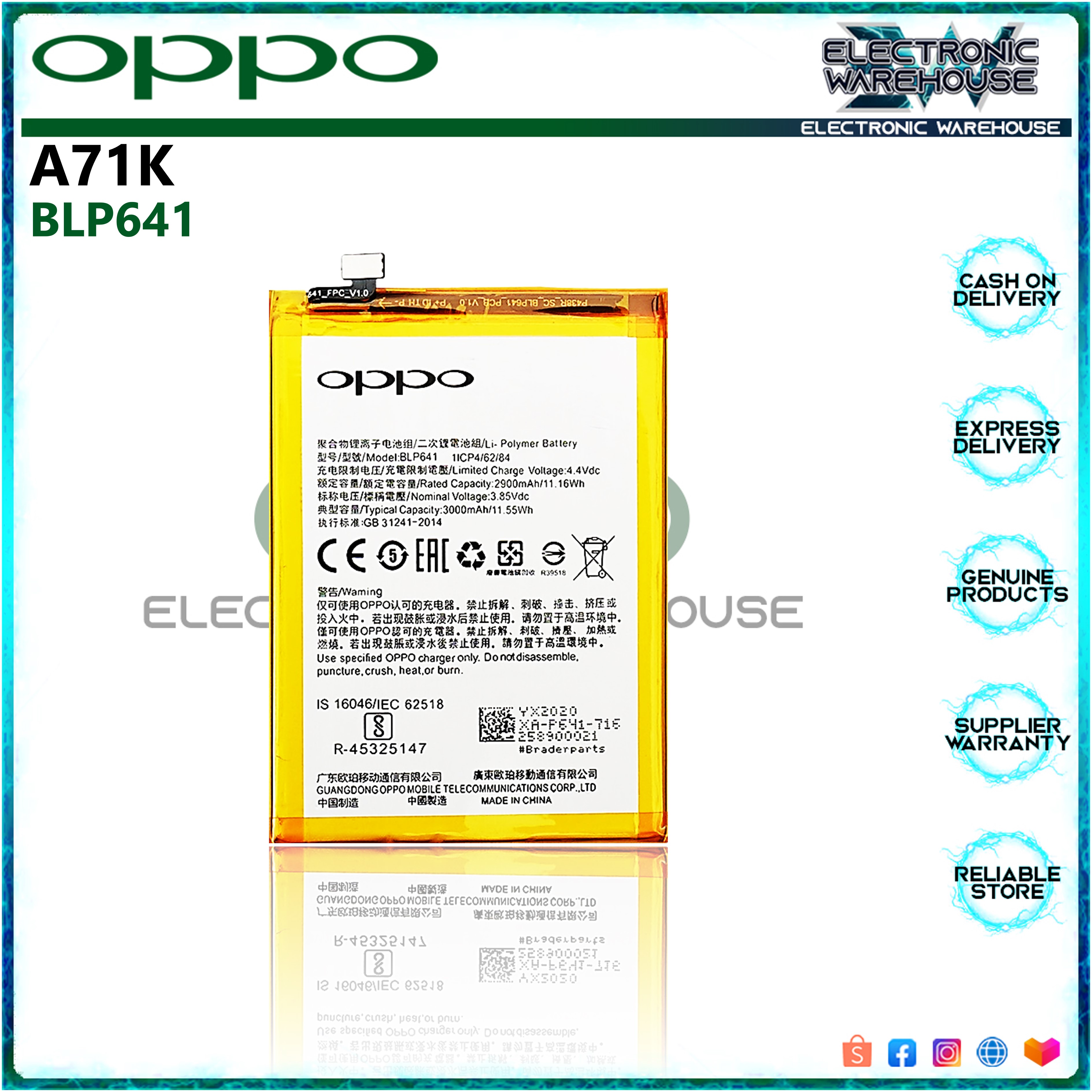 New Oppo A71K Battery BLP641 3000mAh Capacity | Lazada PH