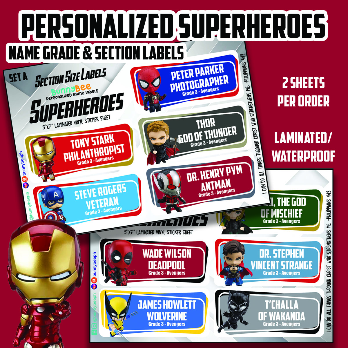 Personalized SUPERHEROES Name Grade & Section Labels Laminated ...