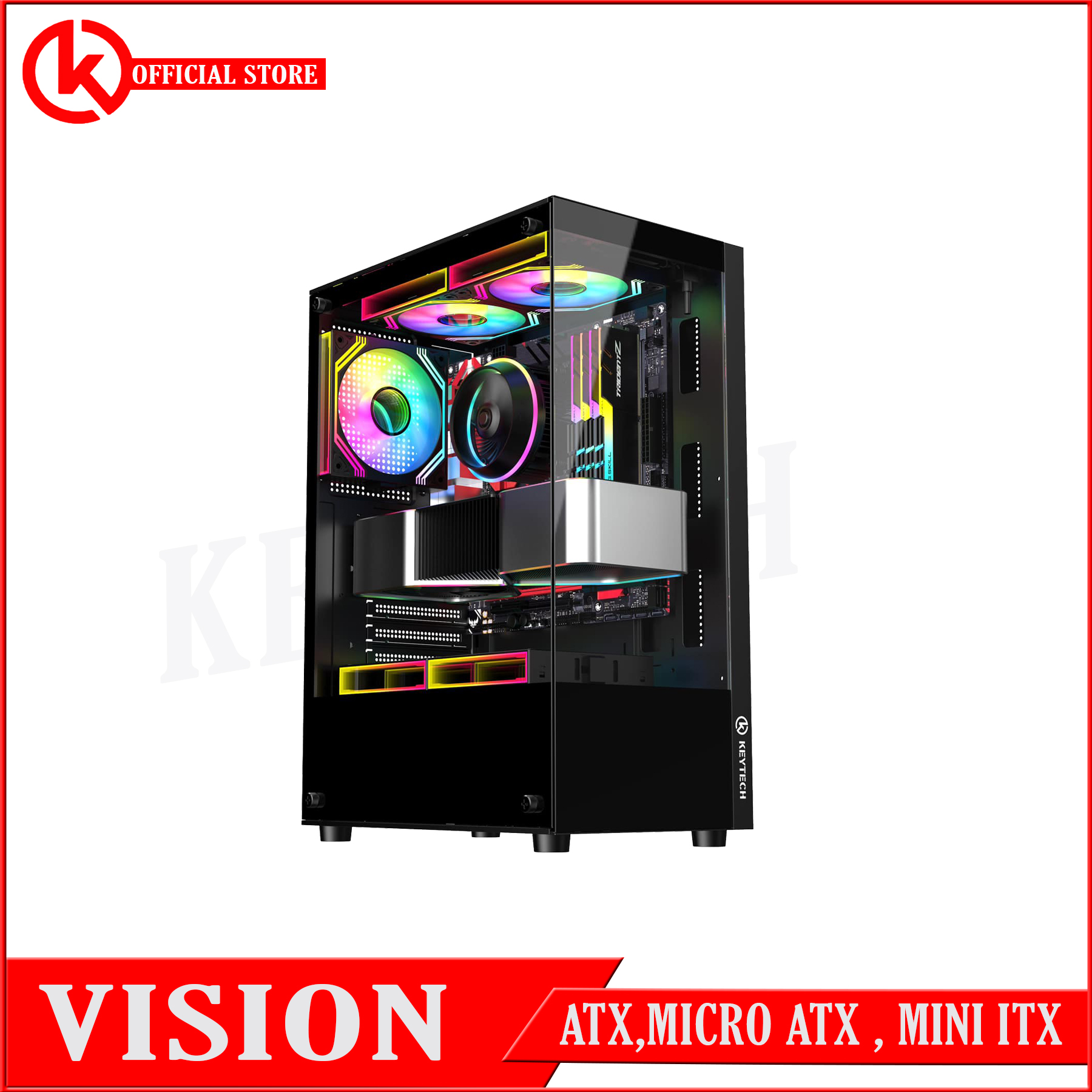 KEYTECH VISION full view ATX gaming case panoramic view single cchamber ...