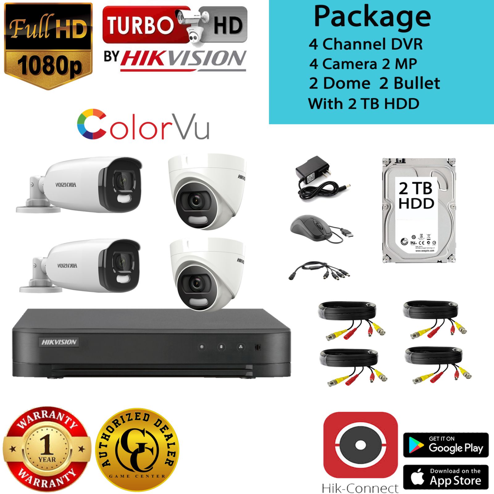 HIKVISION Colorvu 4 CHANNEL 4 cameras 2MP (1080p) with 1TB/2TB HDD CCTV ...