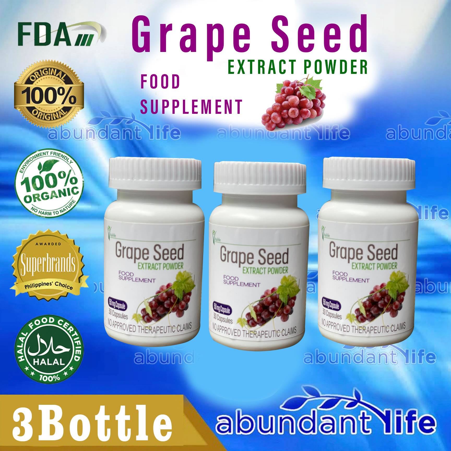 3 Bottle UNO Grape Seed Extract Powder 150mg 30capsules PER BOTTLE 100% ...