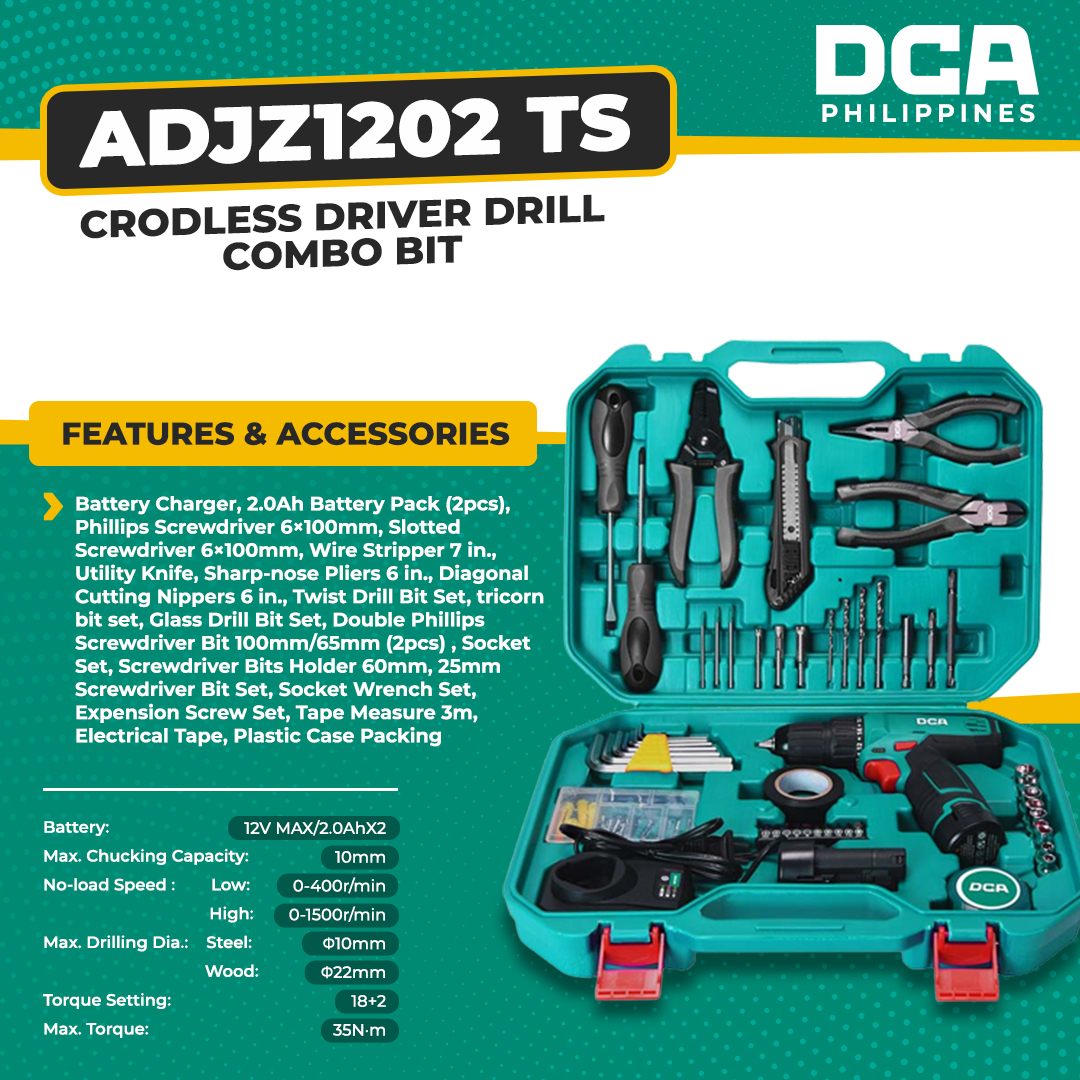 DCA ADJZ1202 TS CORDLESS DRIVE DRILL COMBO SET 12V WITH 2 BATTERIES 2.0 ...