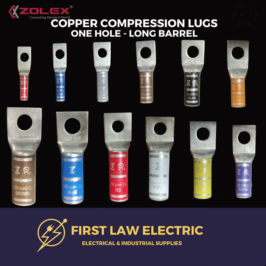Copper Compression Terminal Lugs LONG Barrel, 1-Hole , CRIMPING TYPE ...