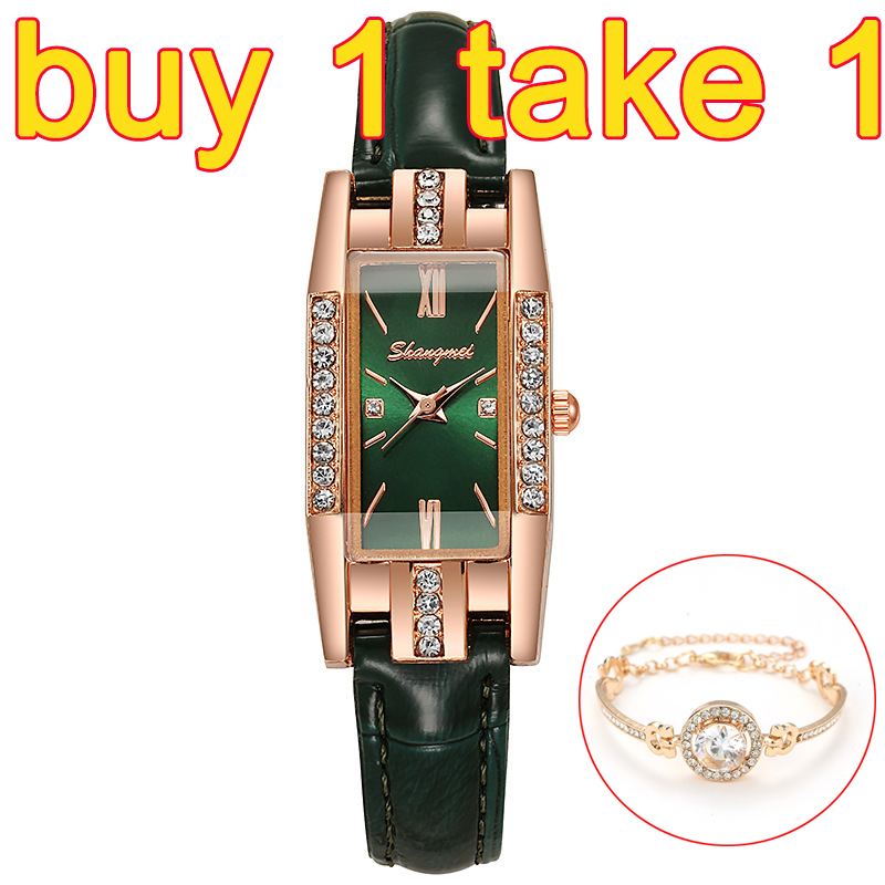 Korean Ladies Watch Quartz Square Waterproof Small Green Strap Fashion ...