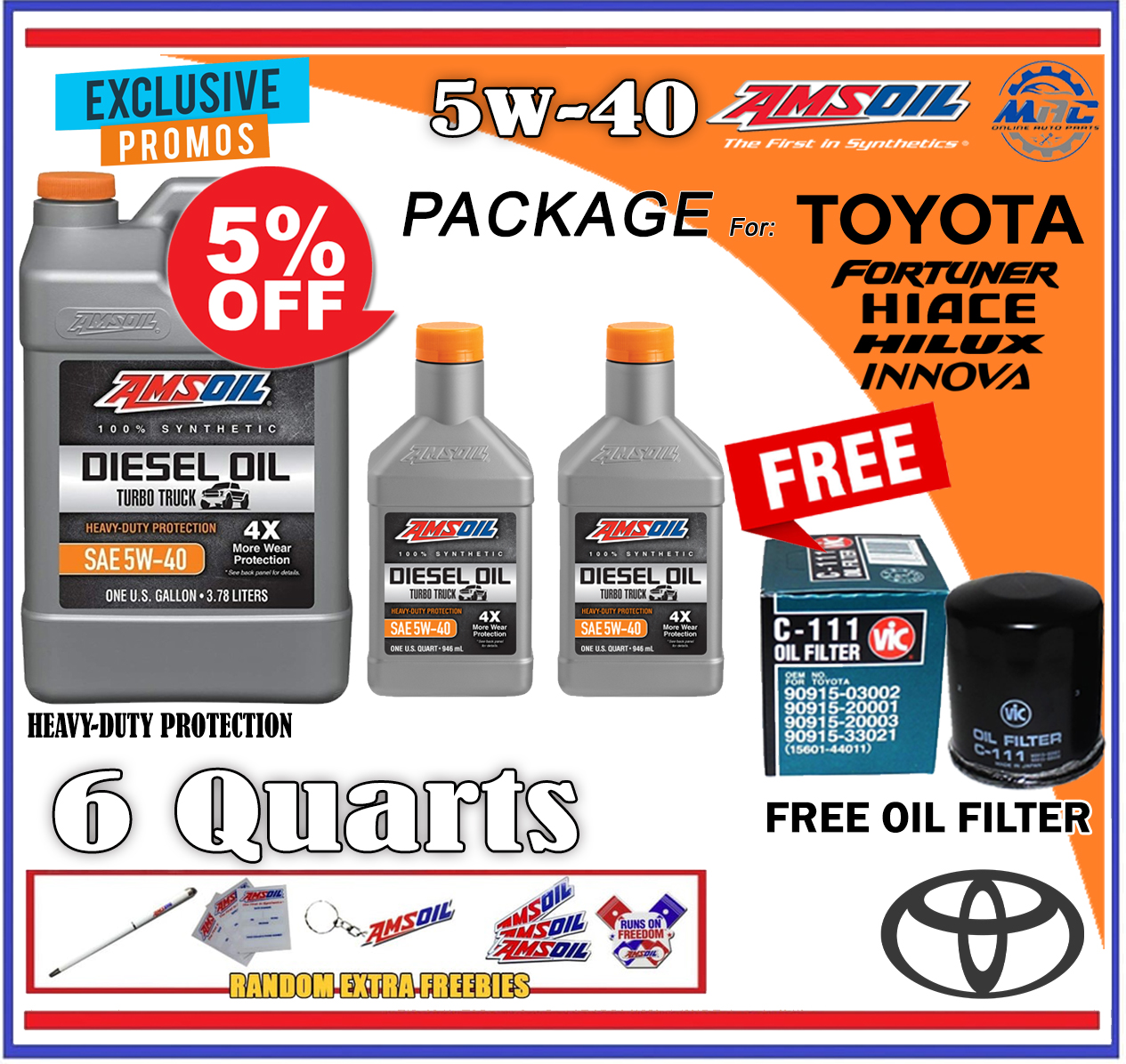 AMSOIL Heavy Duty Turbo Truck 5w-40 Diesel Oil 6 Quarts plus oil filter ...
