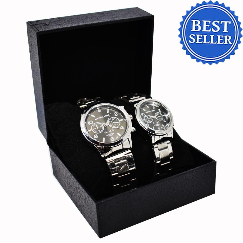 MK Michael Kors Black Dial Stainless Steel Couple Watch SILVER MKb ...