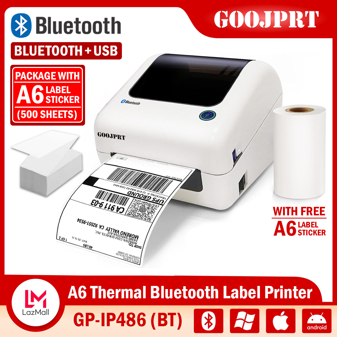 GOOJPRT A6 Bluetooth Thermal Label Printer GP-IP486 (BT) Shipping Label ...