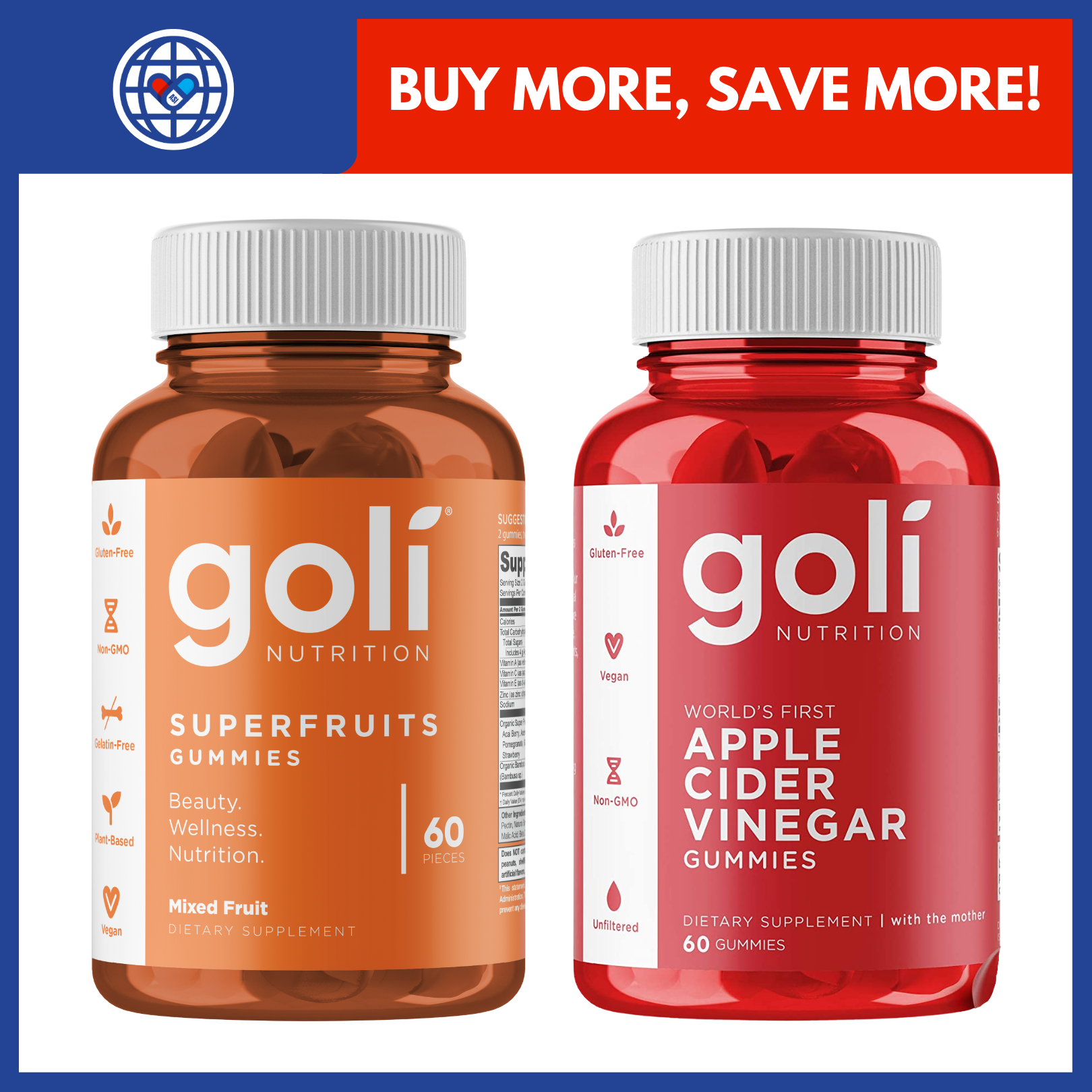 Goli 2 Pack BUNDLE Superfruits & Apple Cider Vinegar Gummy Mixed ...
