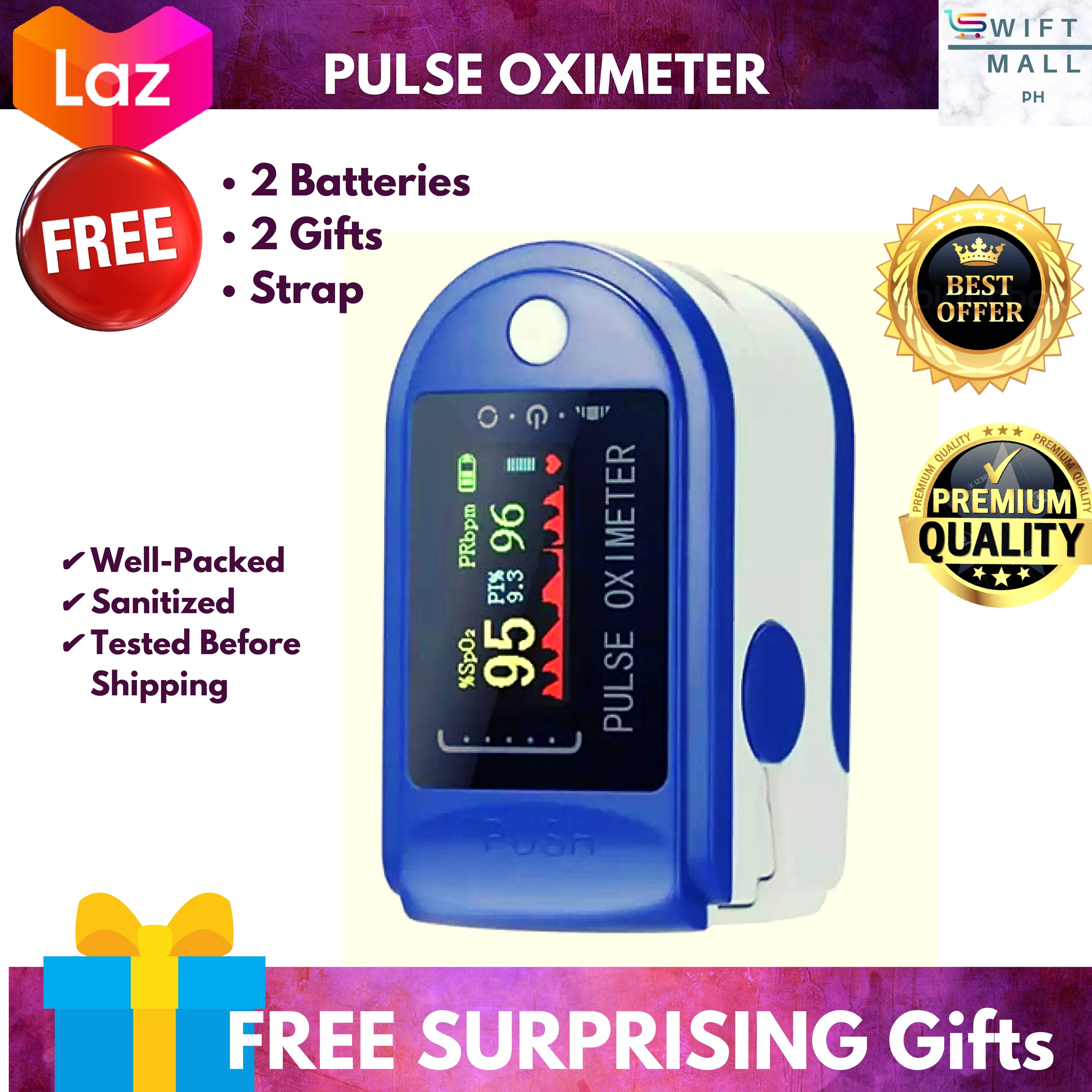 SwiftMall Pulse Oximeter Rechargeable FREE BATTERIES and 2 FREEBIES ...