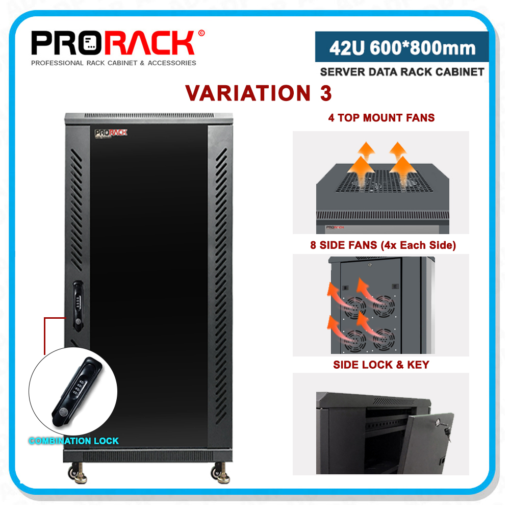 PRORACK 42U 600x800mm Server Data Rack Cabinet with Optional Side Ventillating Fans and ...