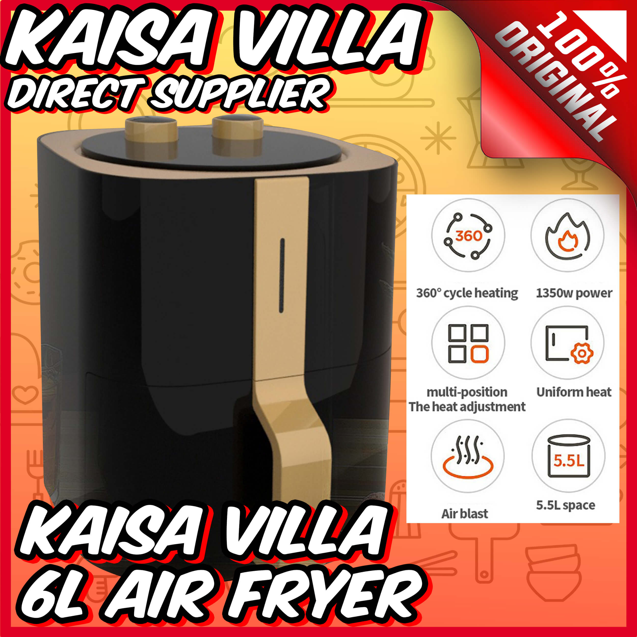 KAISA VILLA Air Fryer, 4.5L, 5.5L, 6L, 7L Household Multi-functional Oil-free Healthy Cooking ...