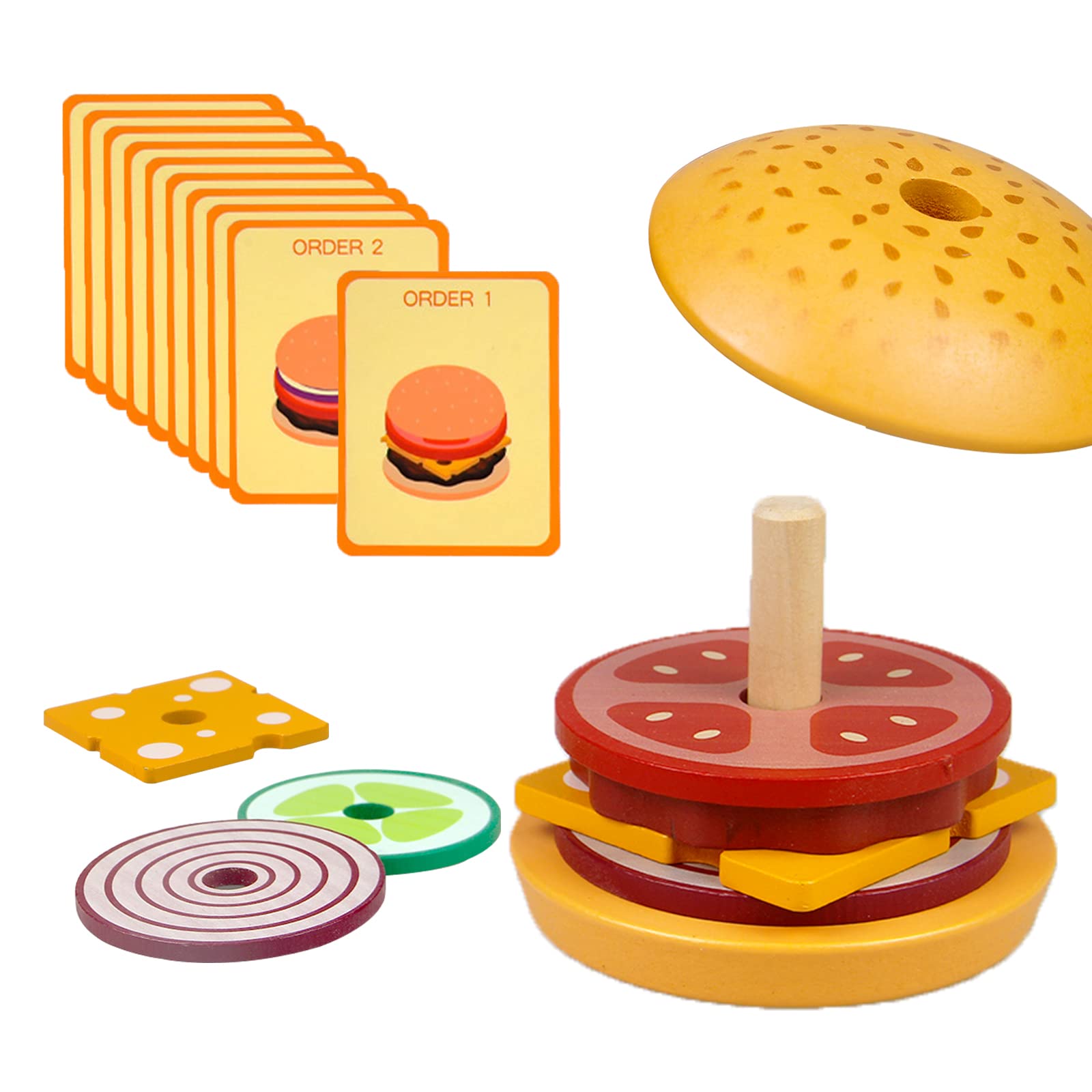 Montessori Hamburger Stacking Toys,Wooden Burger Toy Play Food Toys for ...